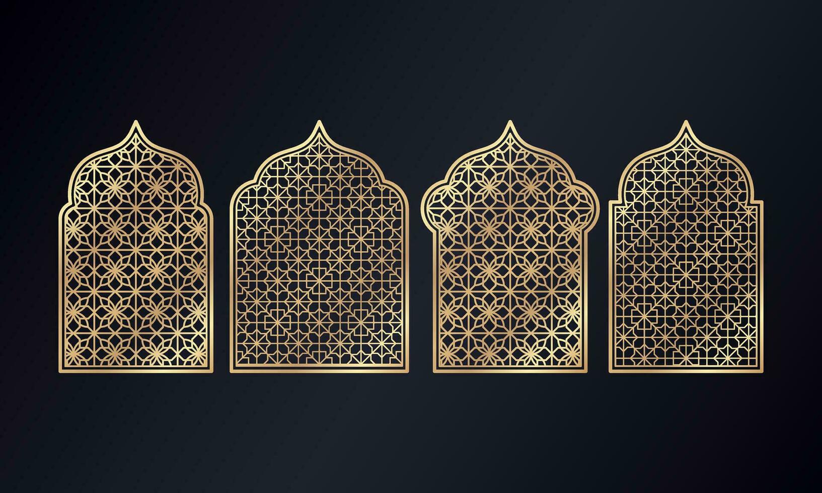Arabian mosque window and gate patterns, golden arch arabesque ornament shapes. Old arabic door ...