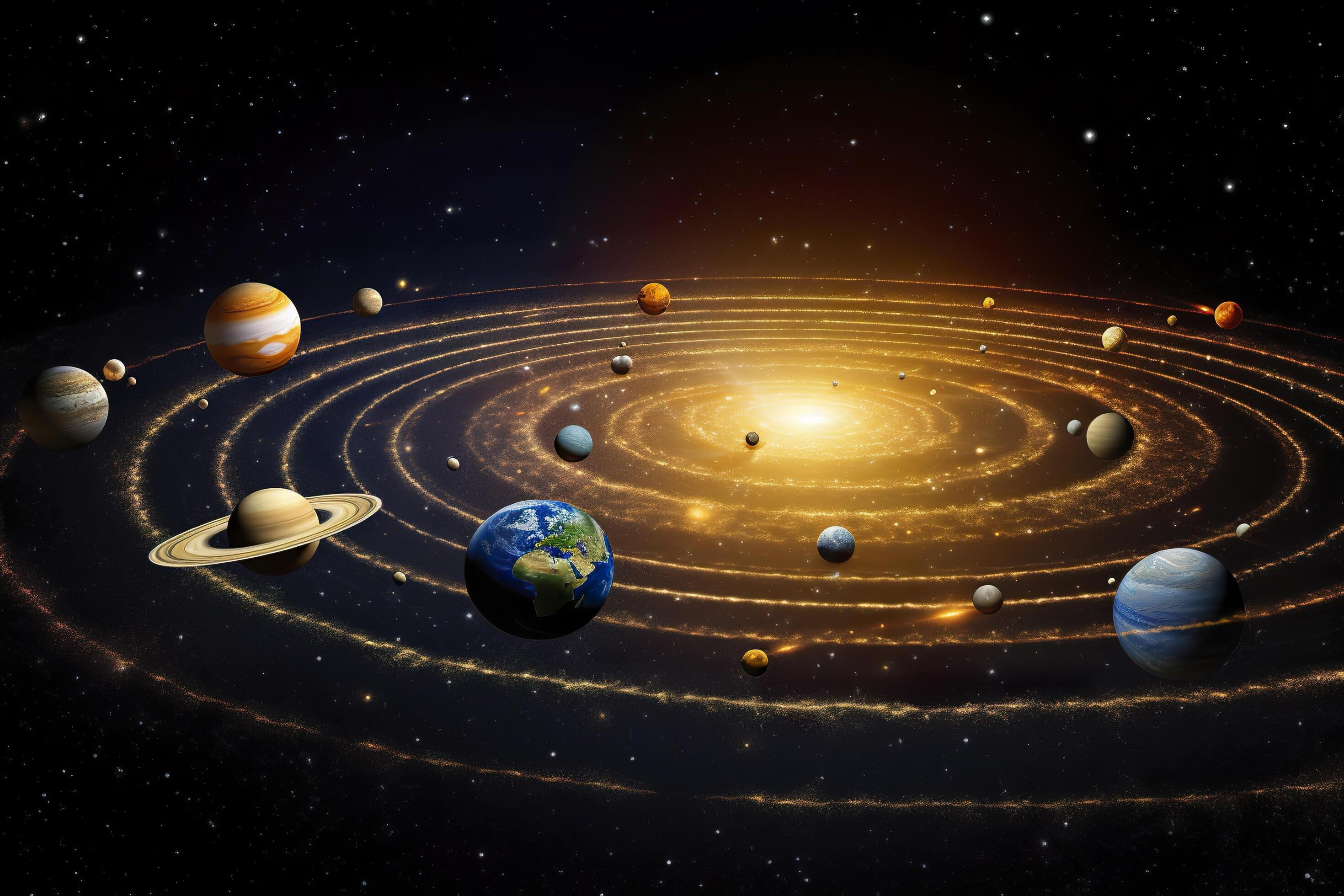 AI generated Our 3d Solar system with planets in orbits path. AI ...