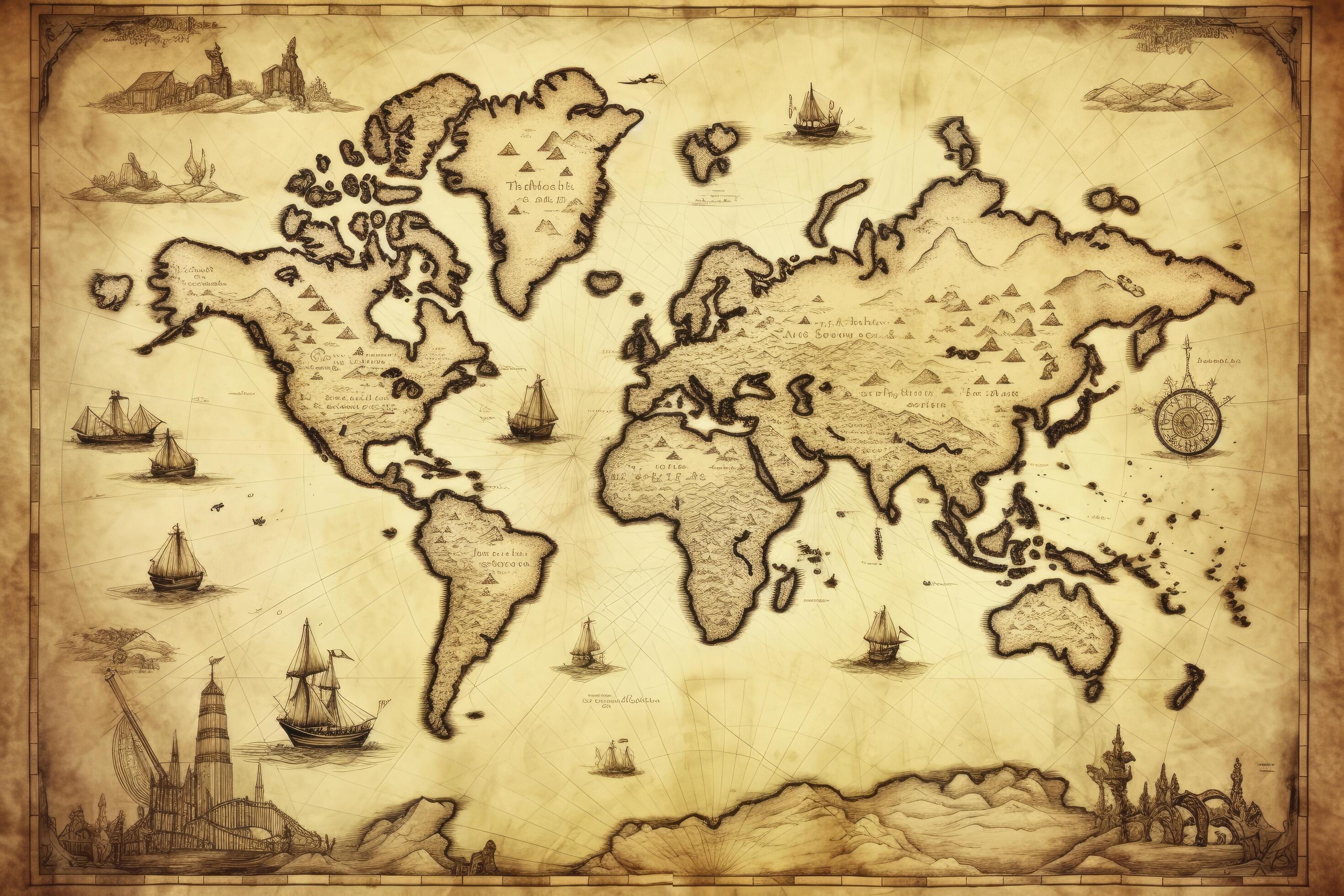AI generated Great detailed illustration of the world map in vintage ...