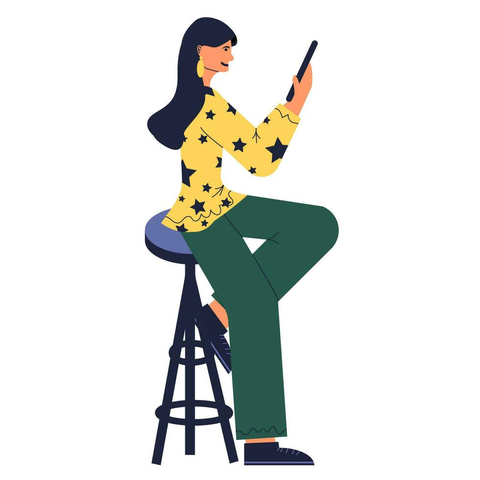 Character Of A Smiling Girl Sitting On A Chair With A Phone 35577497