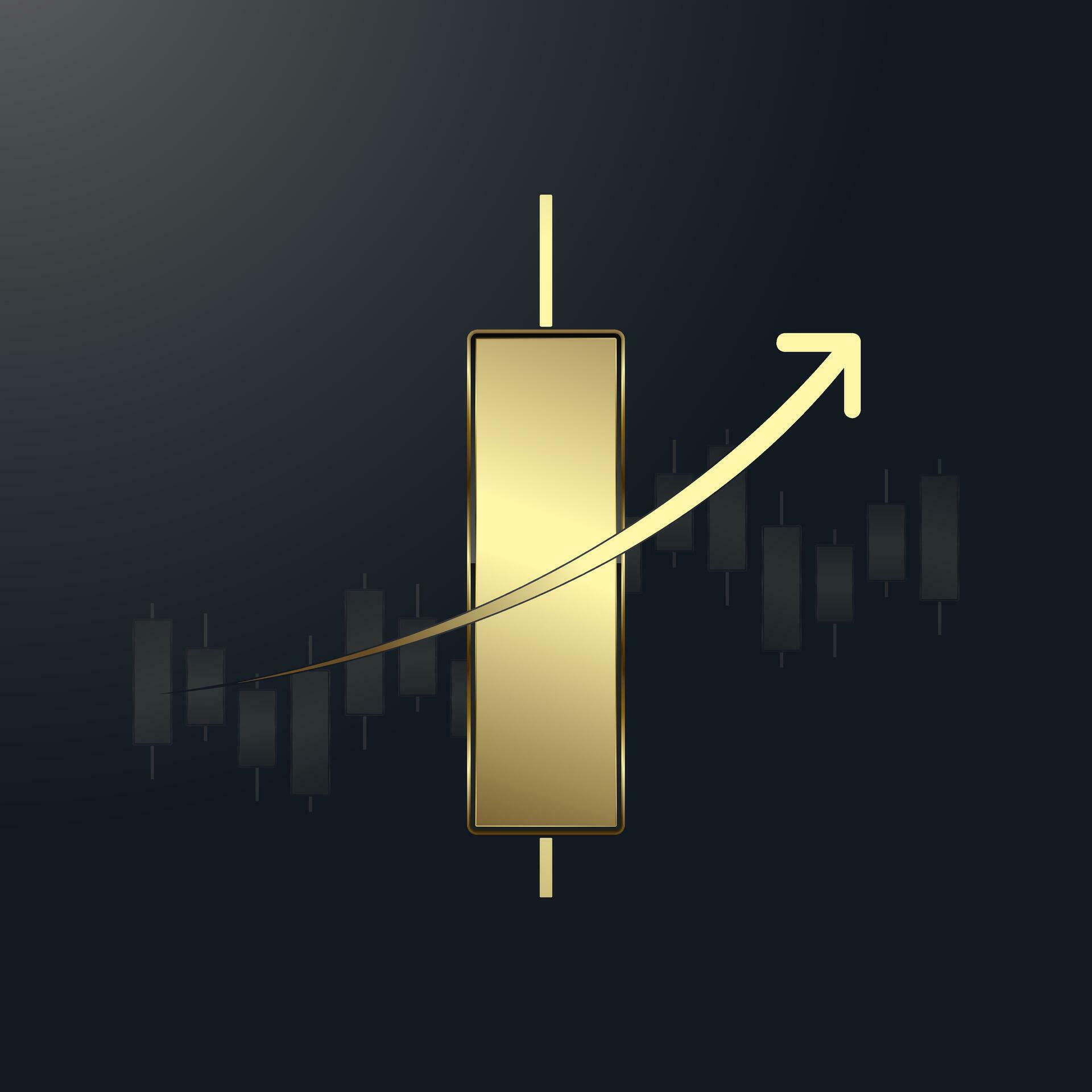 A Luxury bar chart. Gold Graph chart with up trend arrow on the top used for Business golden ...