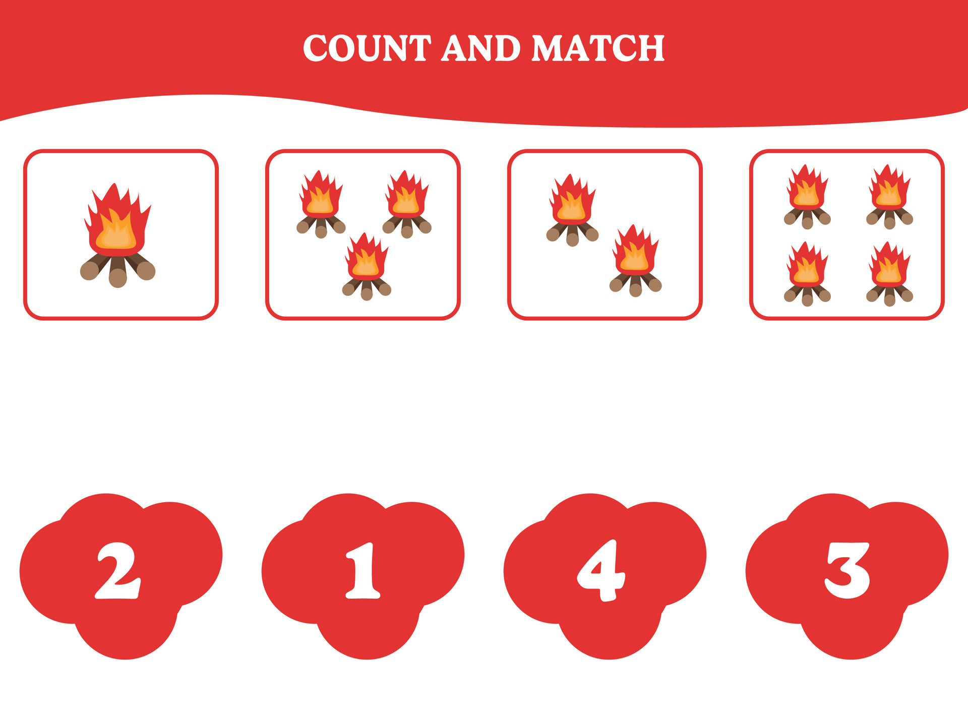 Count and match game with campfire. Educational worksheet design for ...