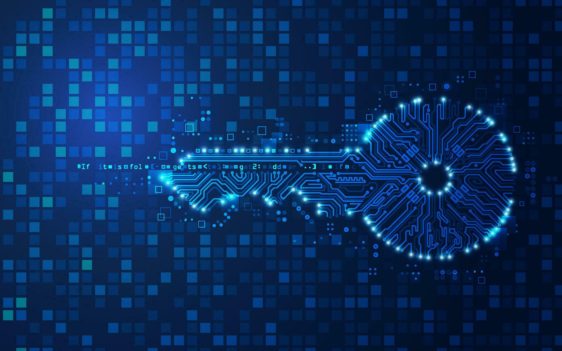 concept of cyber security or encryption key, graphic of key shape combined with circuit board ...
