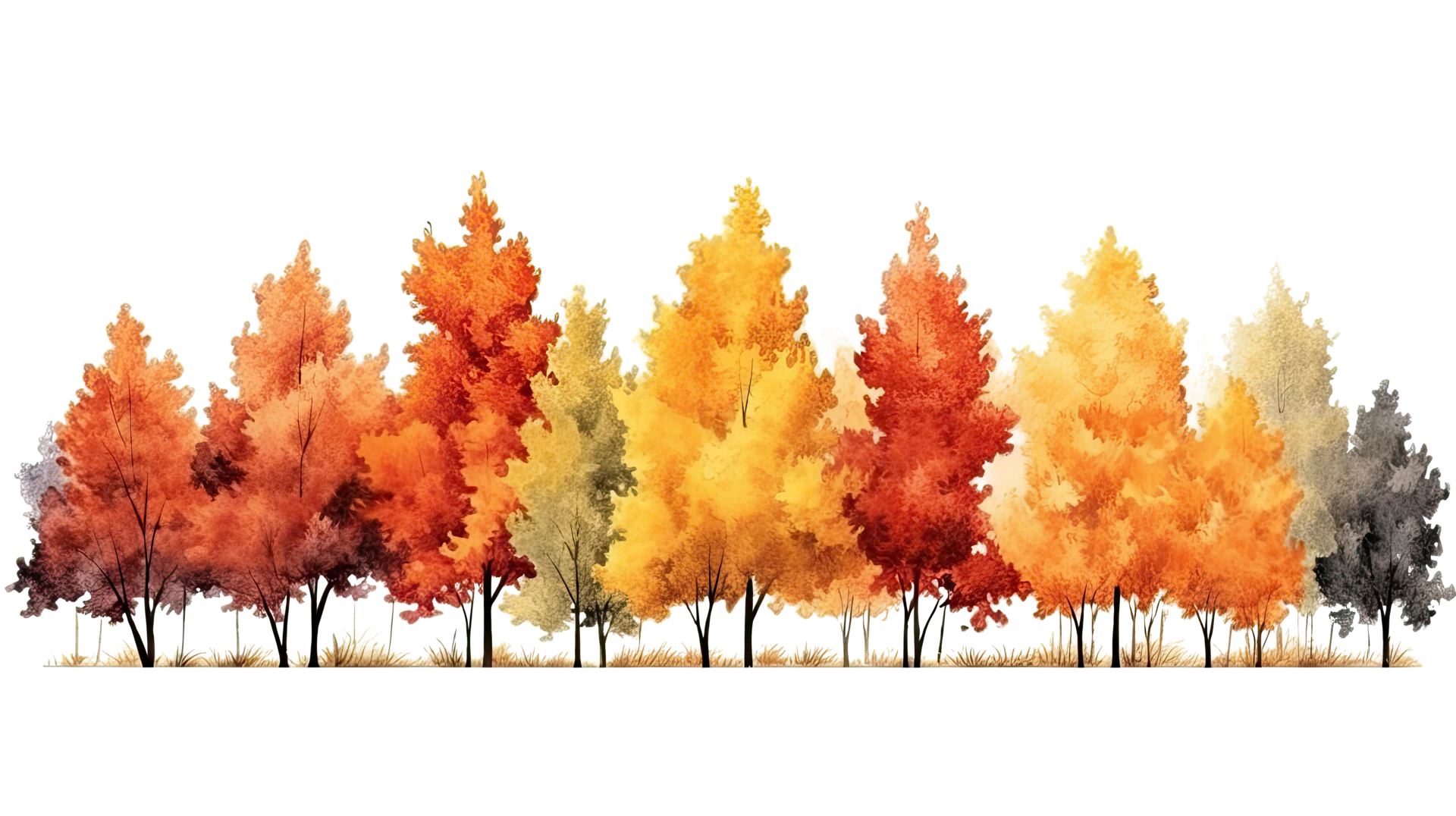 AI generated Autumn trees watercolor horizontal banner isolated on a transparent background ...