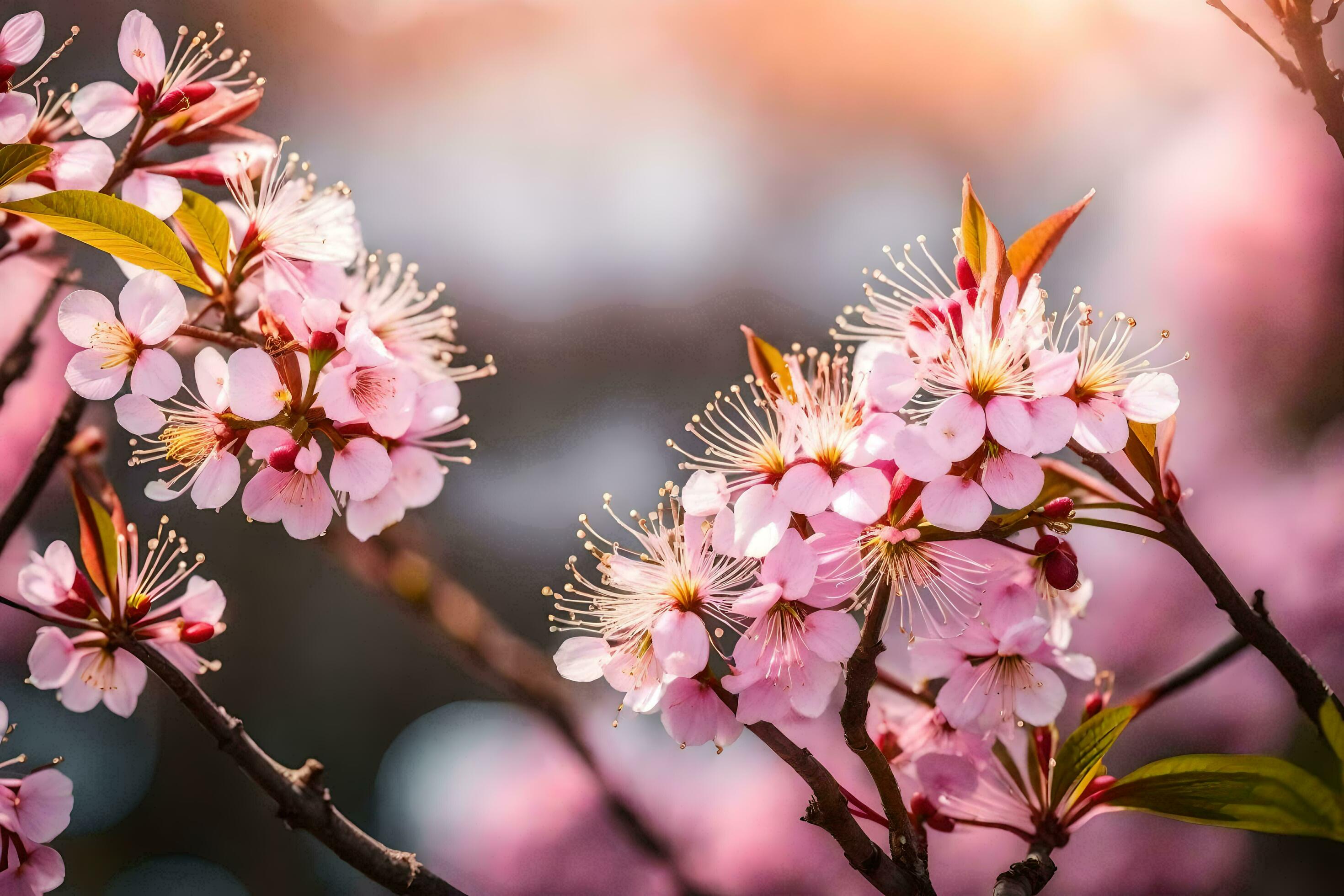 AI generated pink flowers are blooming on a tree branch. AI-Generated ...