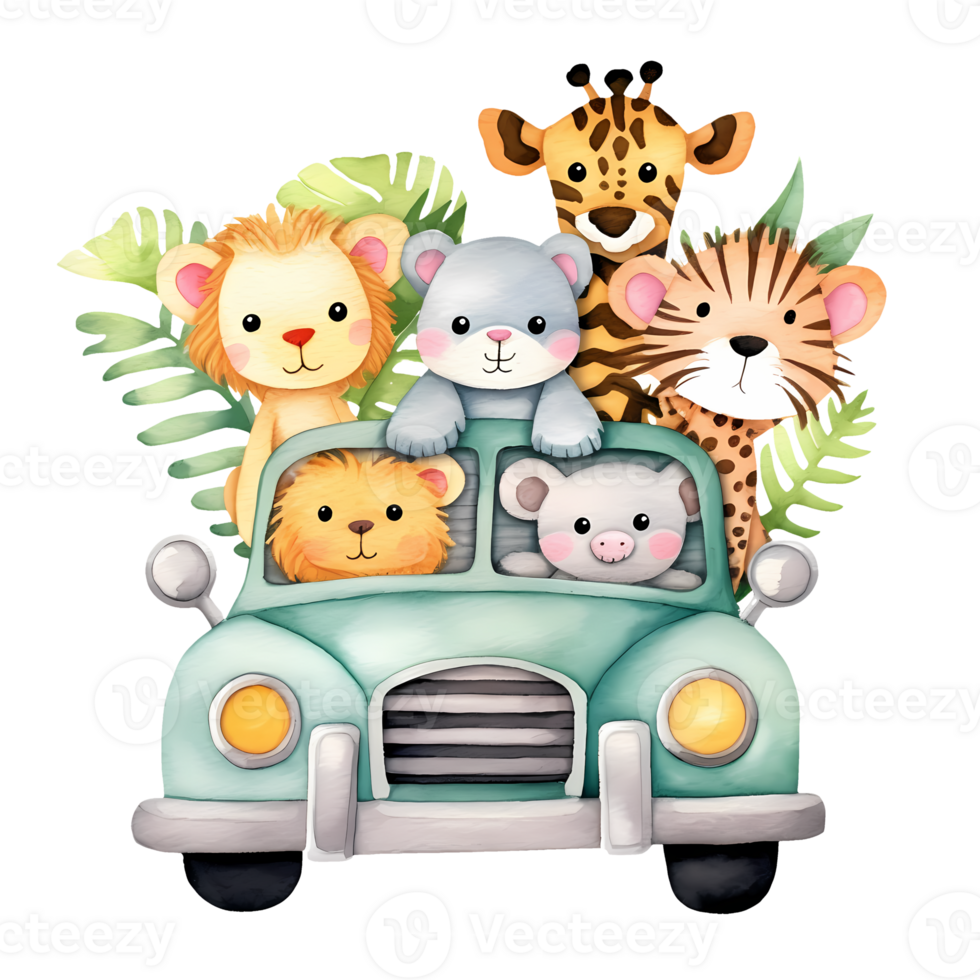 ai gerado fofa pequeno safári animais dentro carro aguarela clipart ...