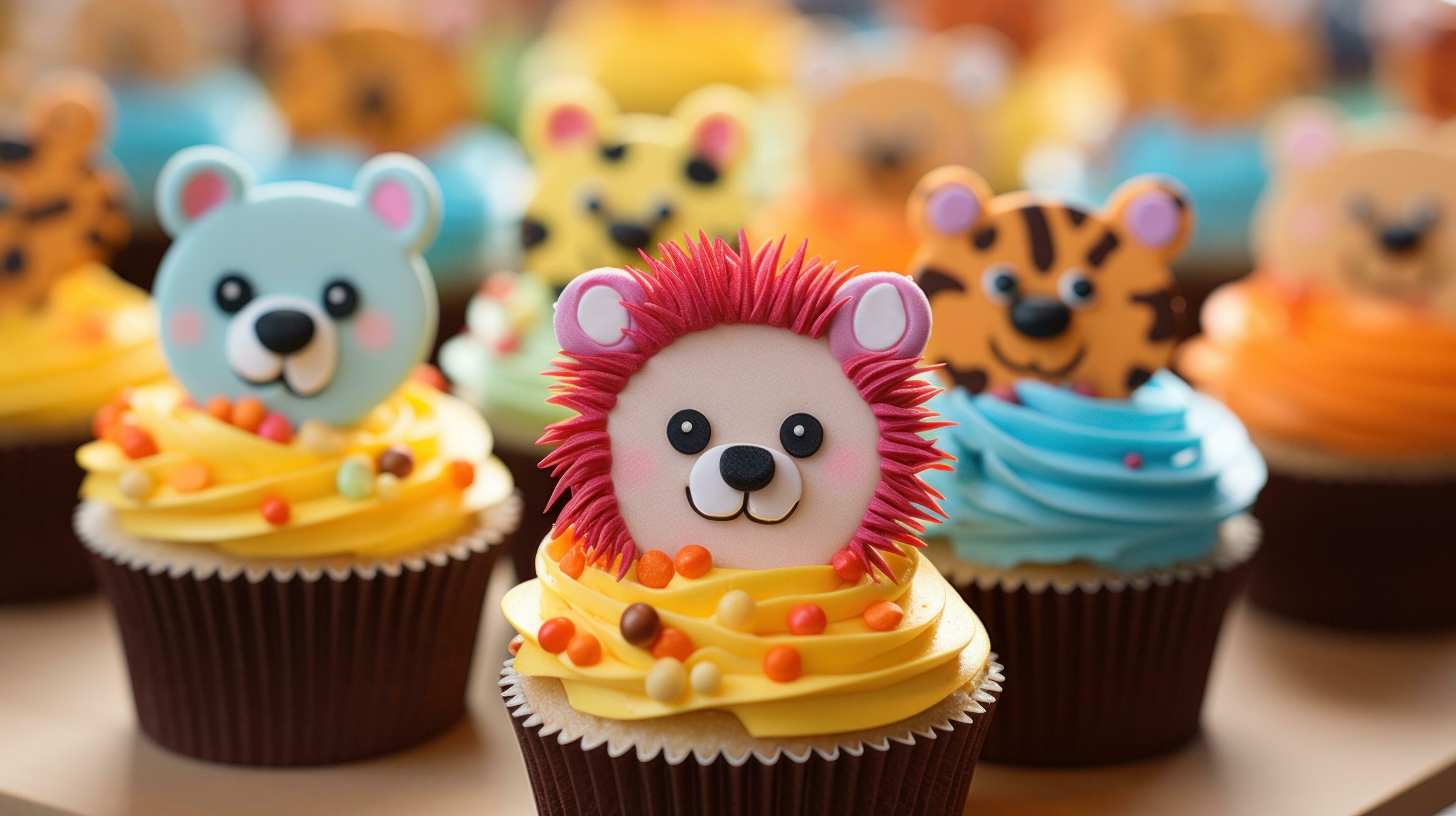 AI generated A close-up of cute animal-shaped cupcakes decorated in ...