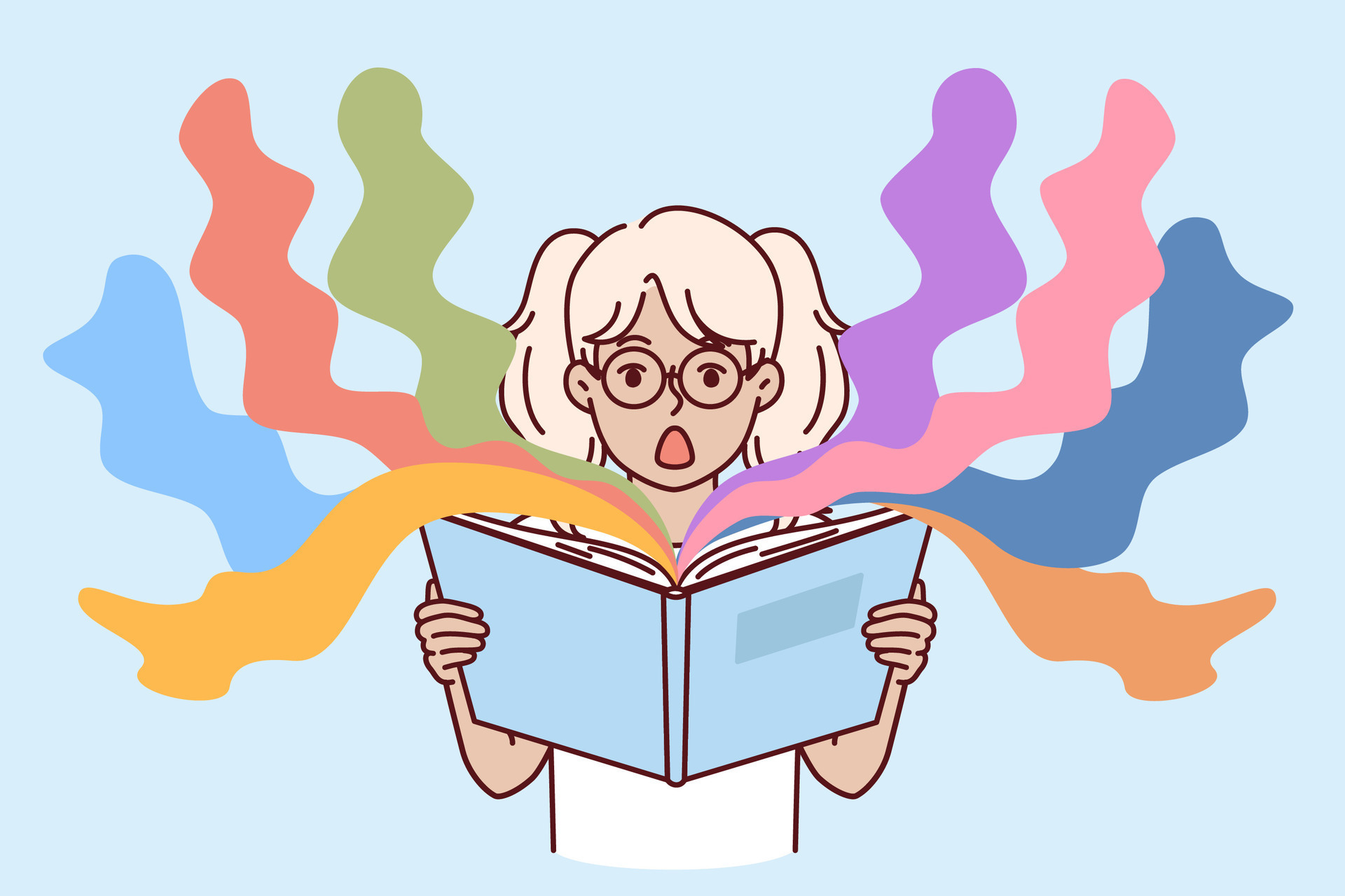 sorprendido pequeño niña lee libro con emocionante historia y abre boca ... sorprendido pequeño niña lee libro con emocionante historia y abre boca ...