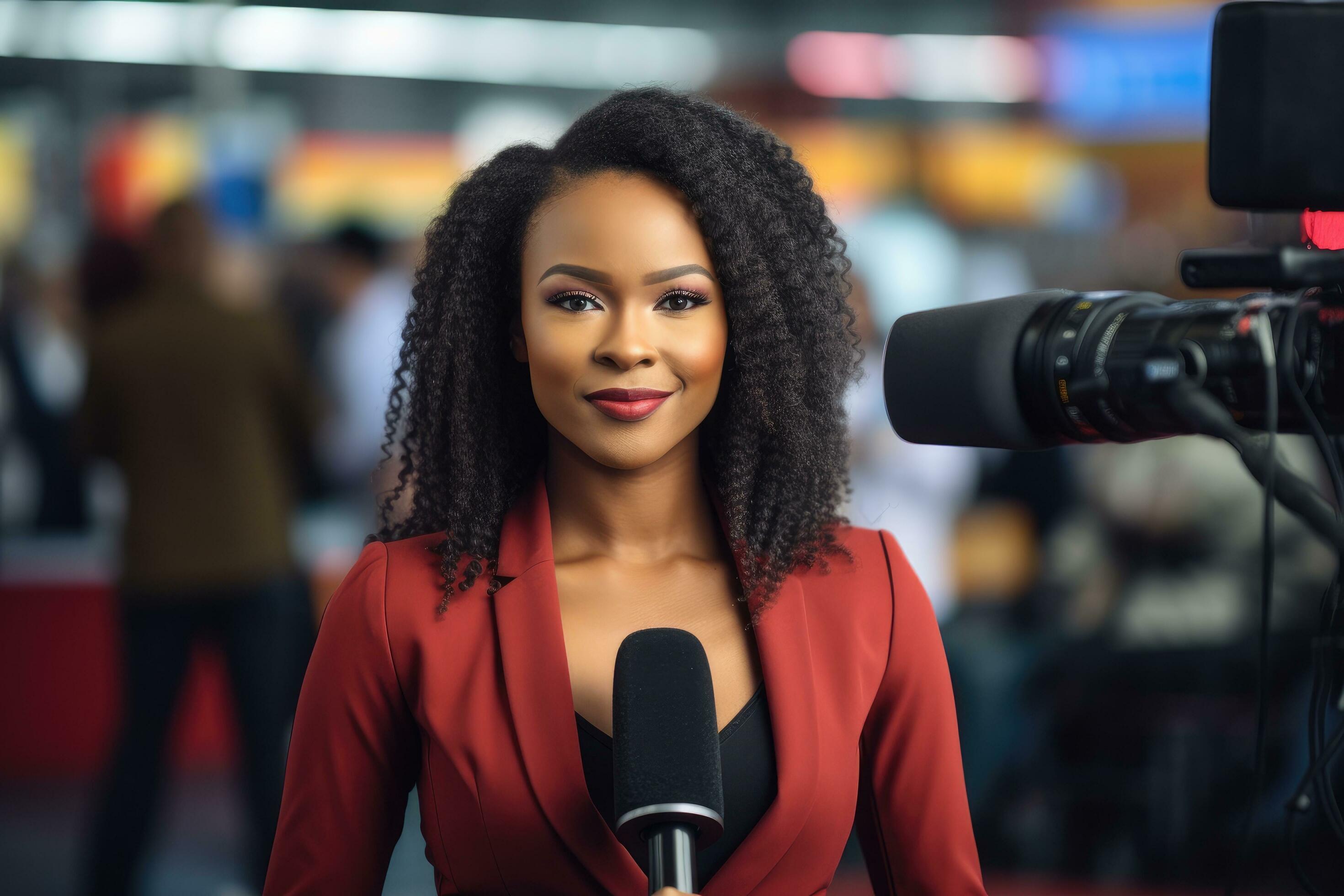 AI generated Young african american female reporter with microphone in the studio, african ...
