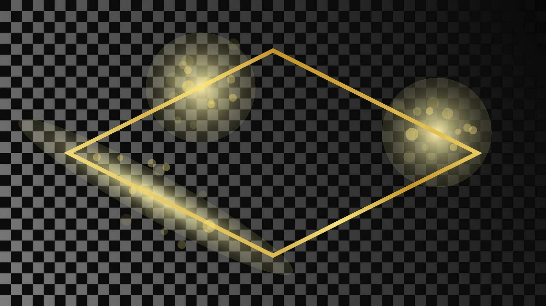 Gold glowing rhombus shape frame isolated on dark background. Shiny frame with glowing effects ...