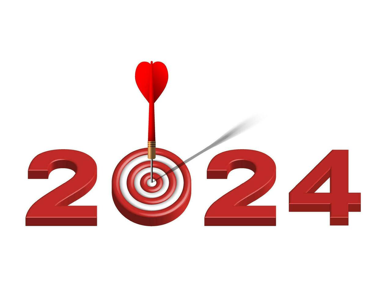 Red dart hit to center of dartboard between number. New Year 3d target and goals with symbol of ...
