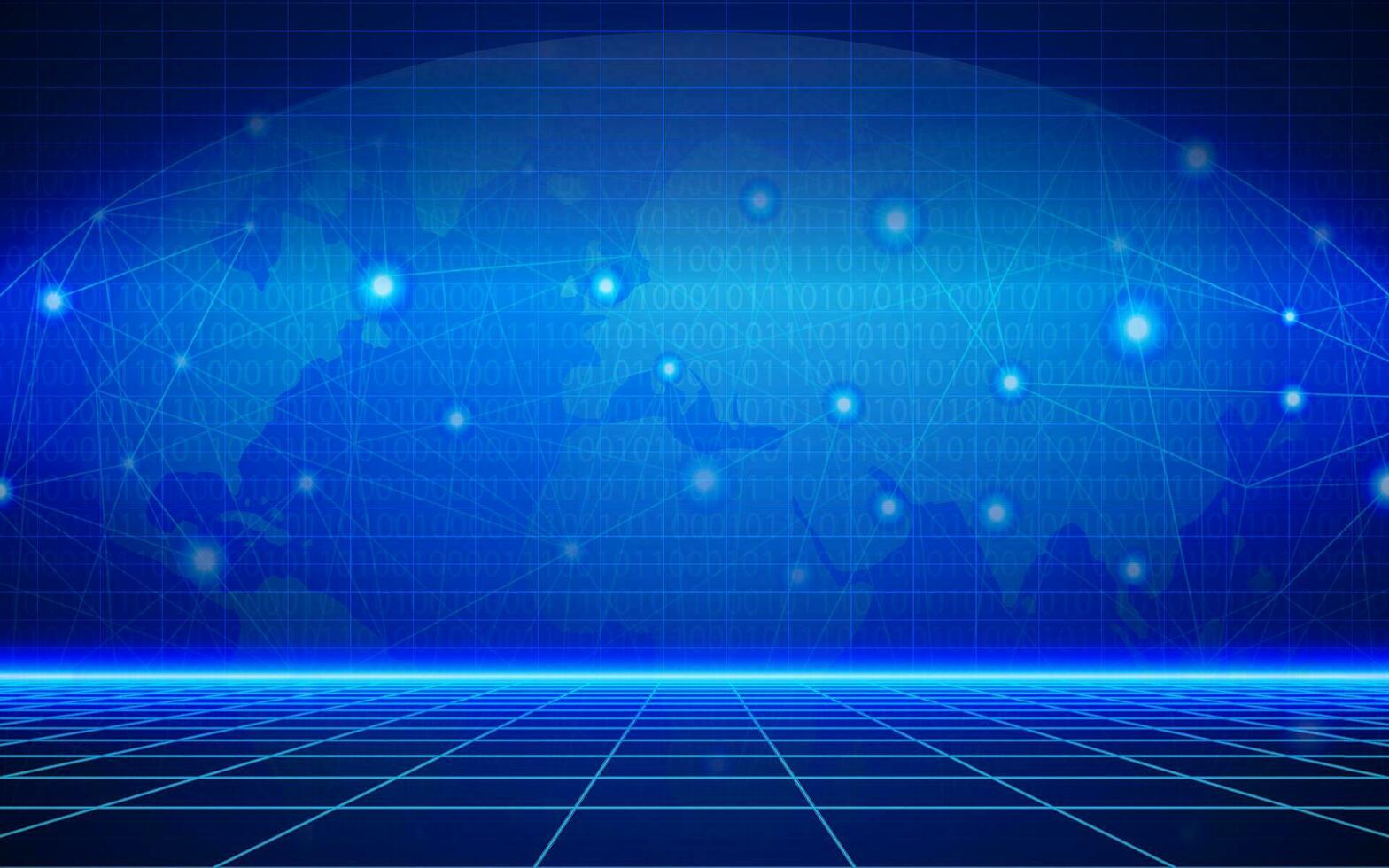 World map with network neon line and binary code scene. Futuristic technological grid background ...