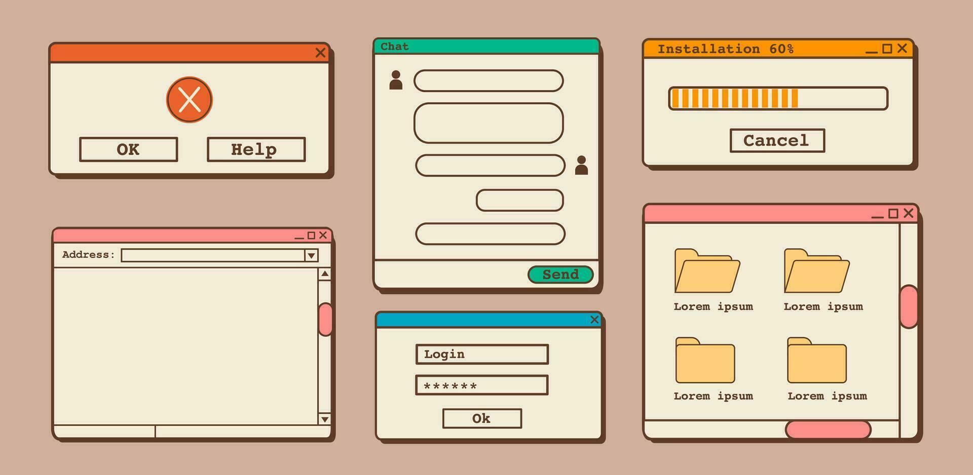 Vector Set Of 90s Old Computer User Interface Elements Nostalgic Retro Operation System