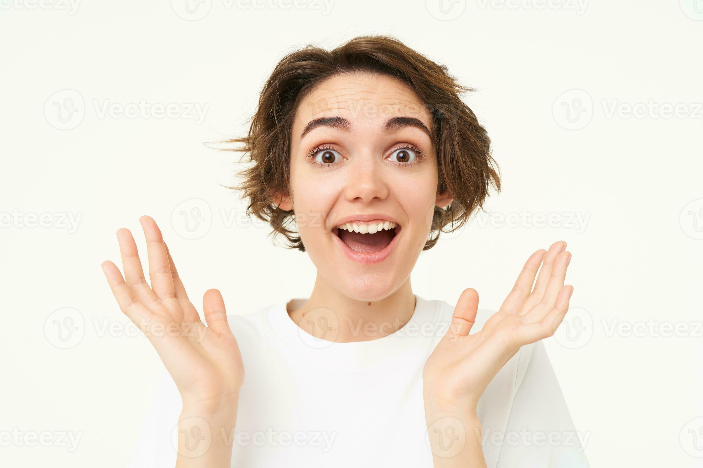 Close Up Portrait Of Excited Woman Gasping And Smiling Looking