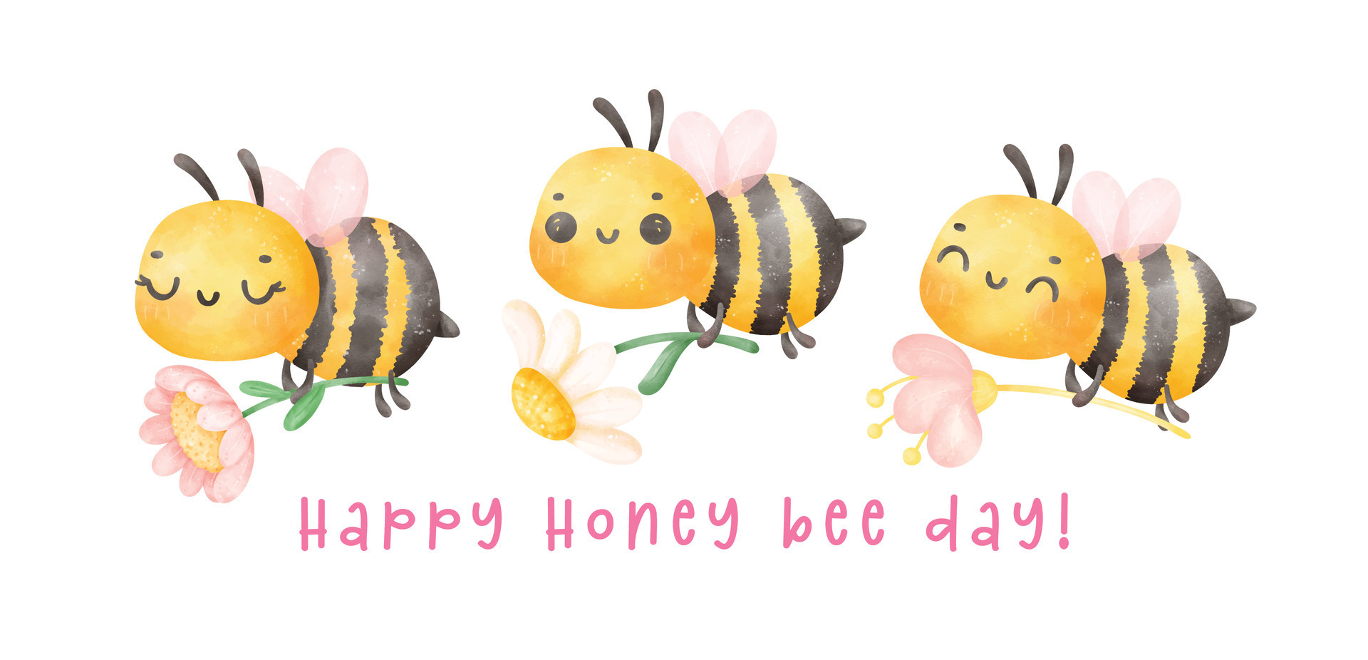 Group of cute baby honey bees with flower watercolor banner cartoon character hand painting ...