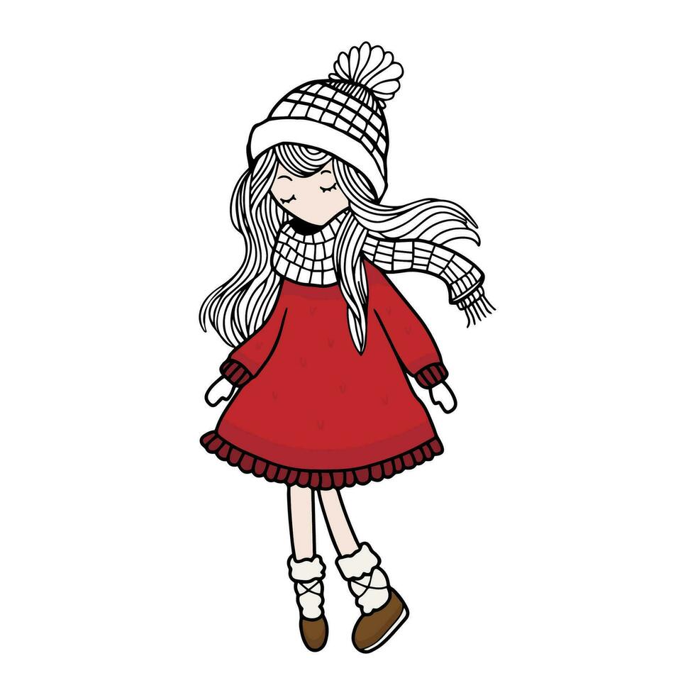 Hand Drawn Beautiful Cute Cartoon Girl With Winter Red Dress Vector