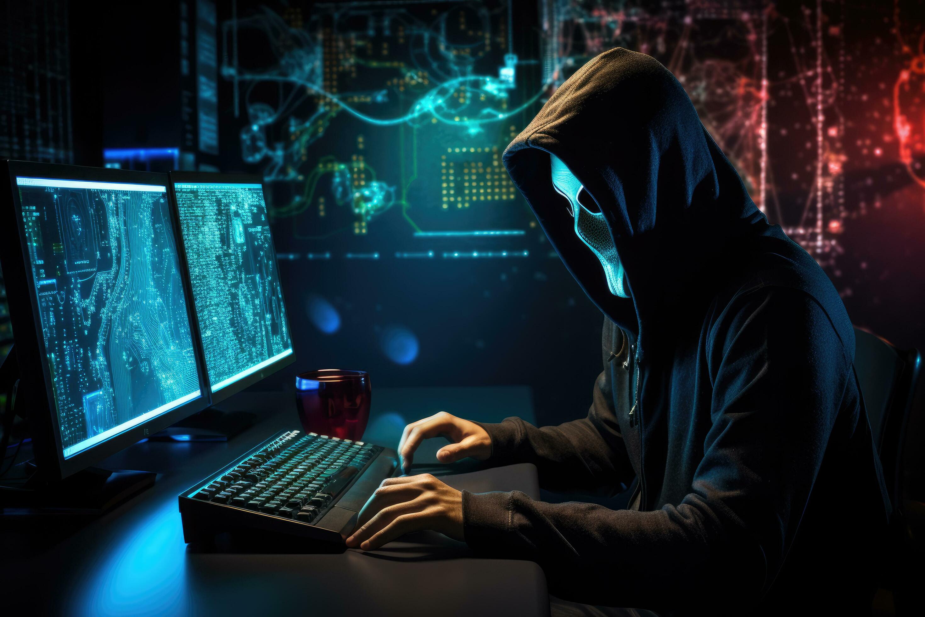 AI generated A hacker wearing anonymous mask and hacking pc. Ai ...