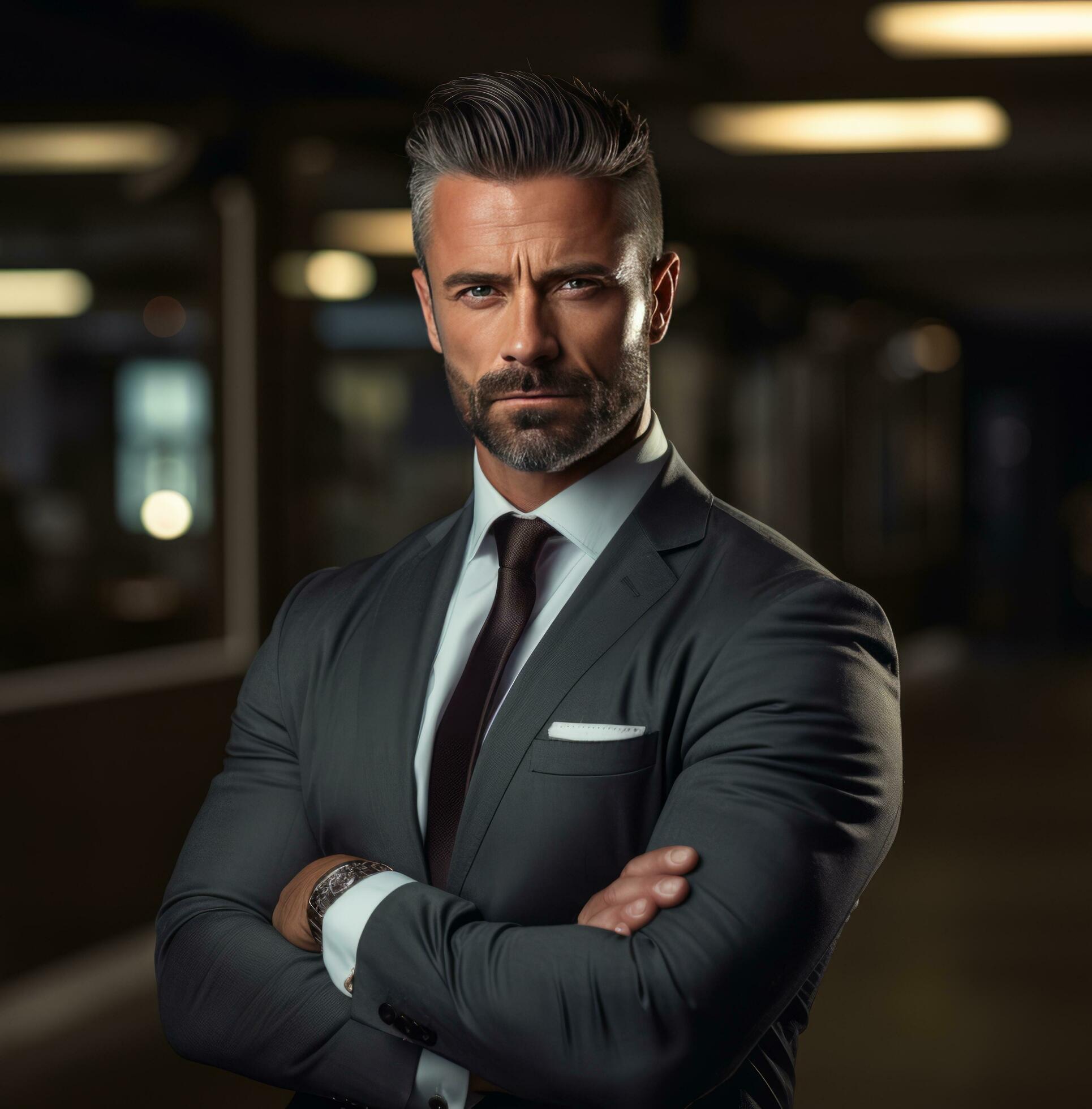 AI generated a business man in a gray suit posing with his arms crossed ...