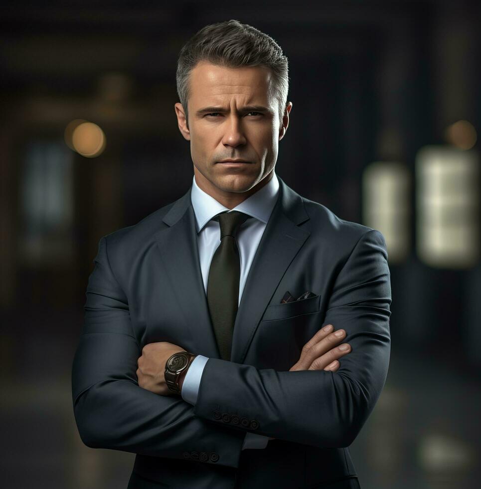 AI generated a business man in a gray suit posing with his arms crossed ...