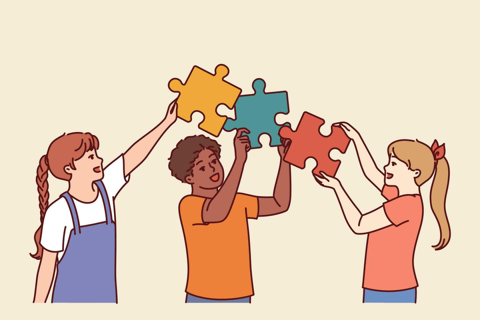 diverso niños sostener rompecabezas piezas como juntos resolver ...