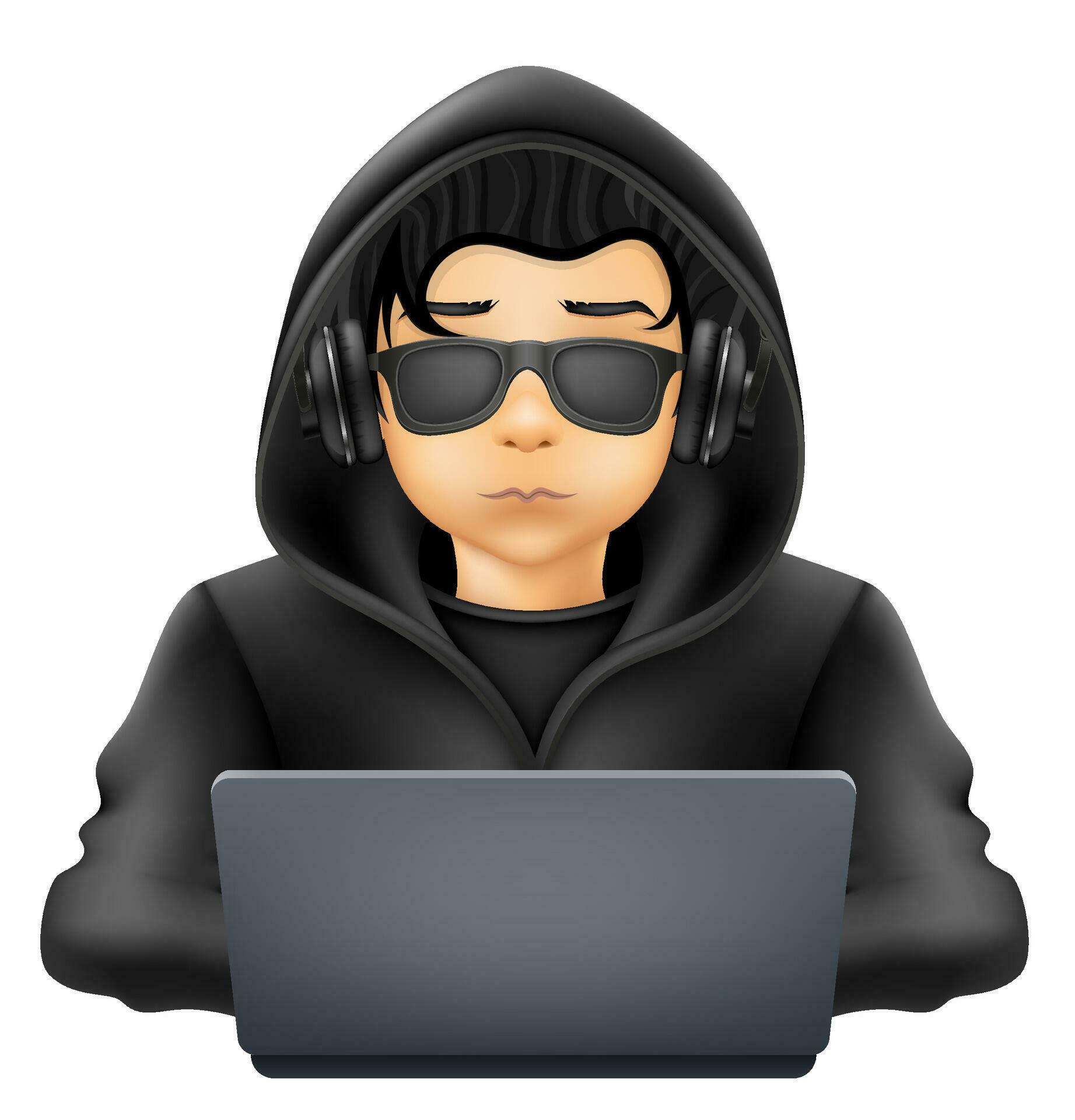 Young Hacker Programmer It Specialist Coder Sitting At A Laptop In A Sweater With A Hood Vector