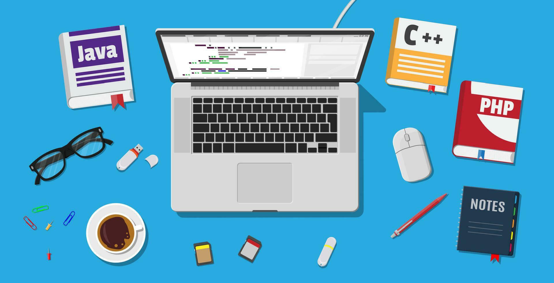 Workplace of programmer or coder. Desktop pc, laptop, books, coffee, glasses. Software coding ...