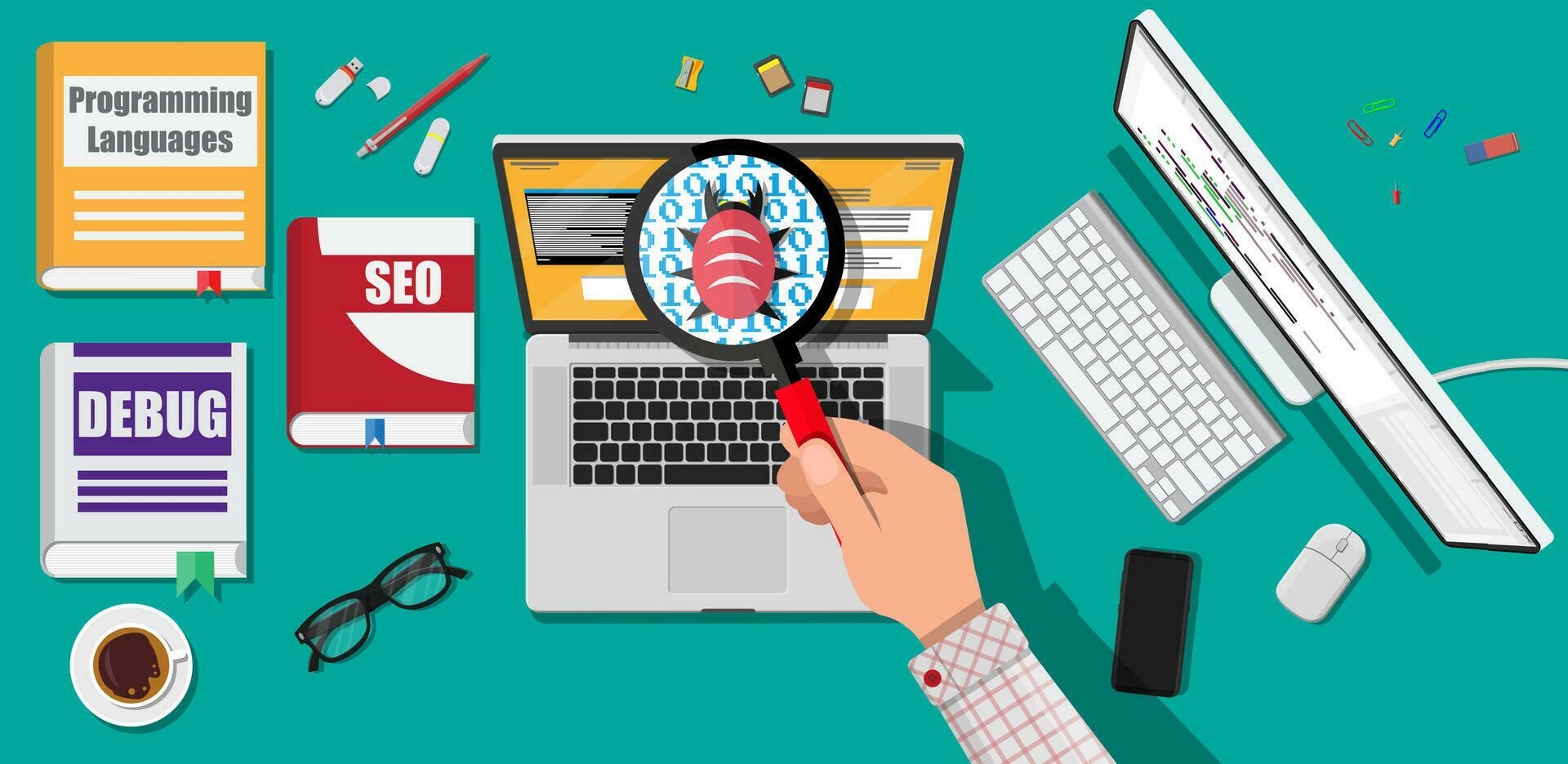 Bug And Virus In The Programming Code Notebook With Developers Applications Magnifying Glass