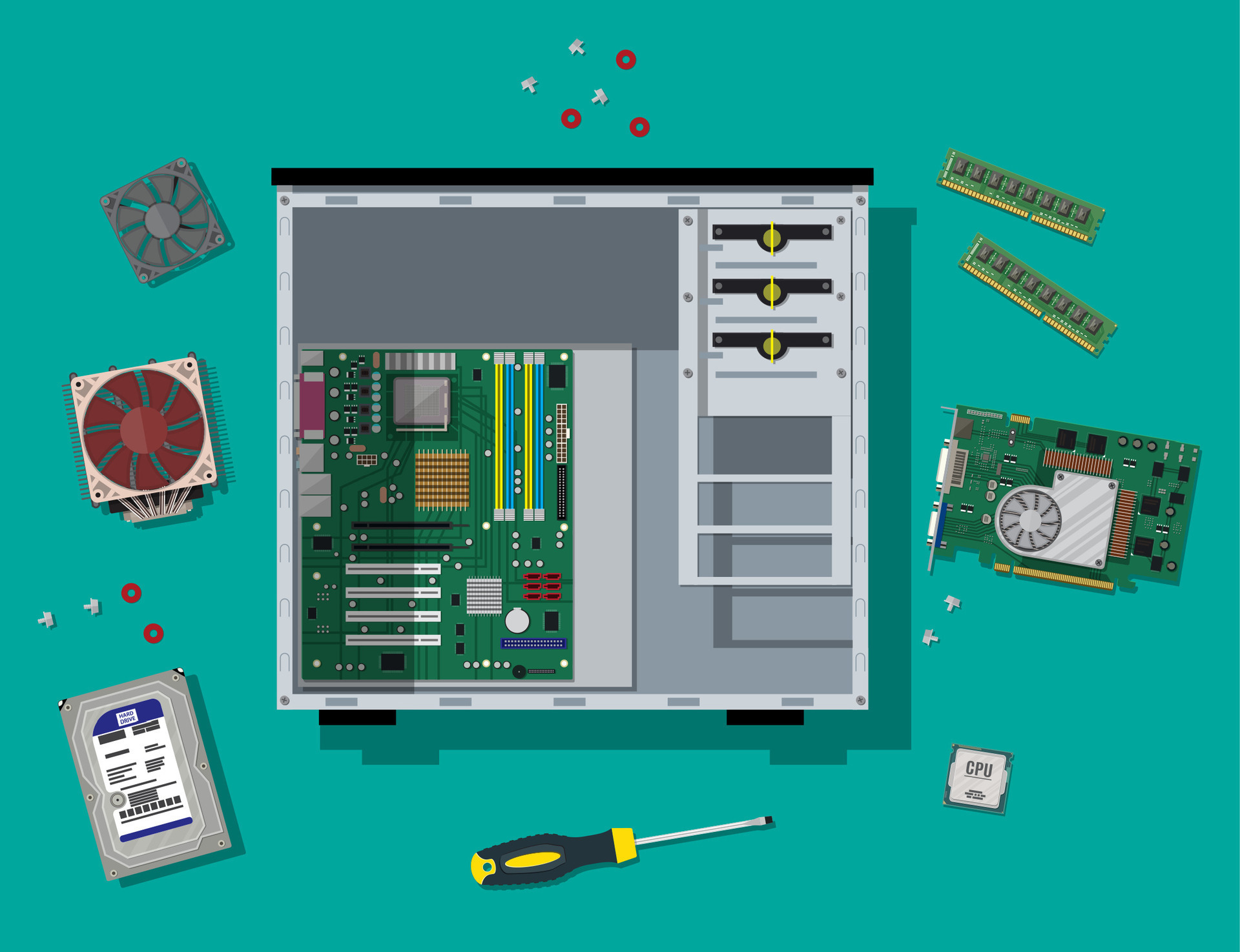 Motherboard, hard drive, cpu, fan, graphic card, memory, screwdriver ...