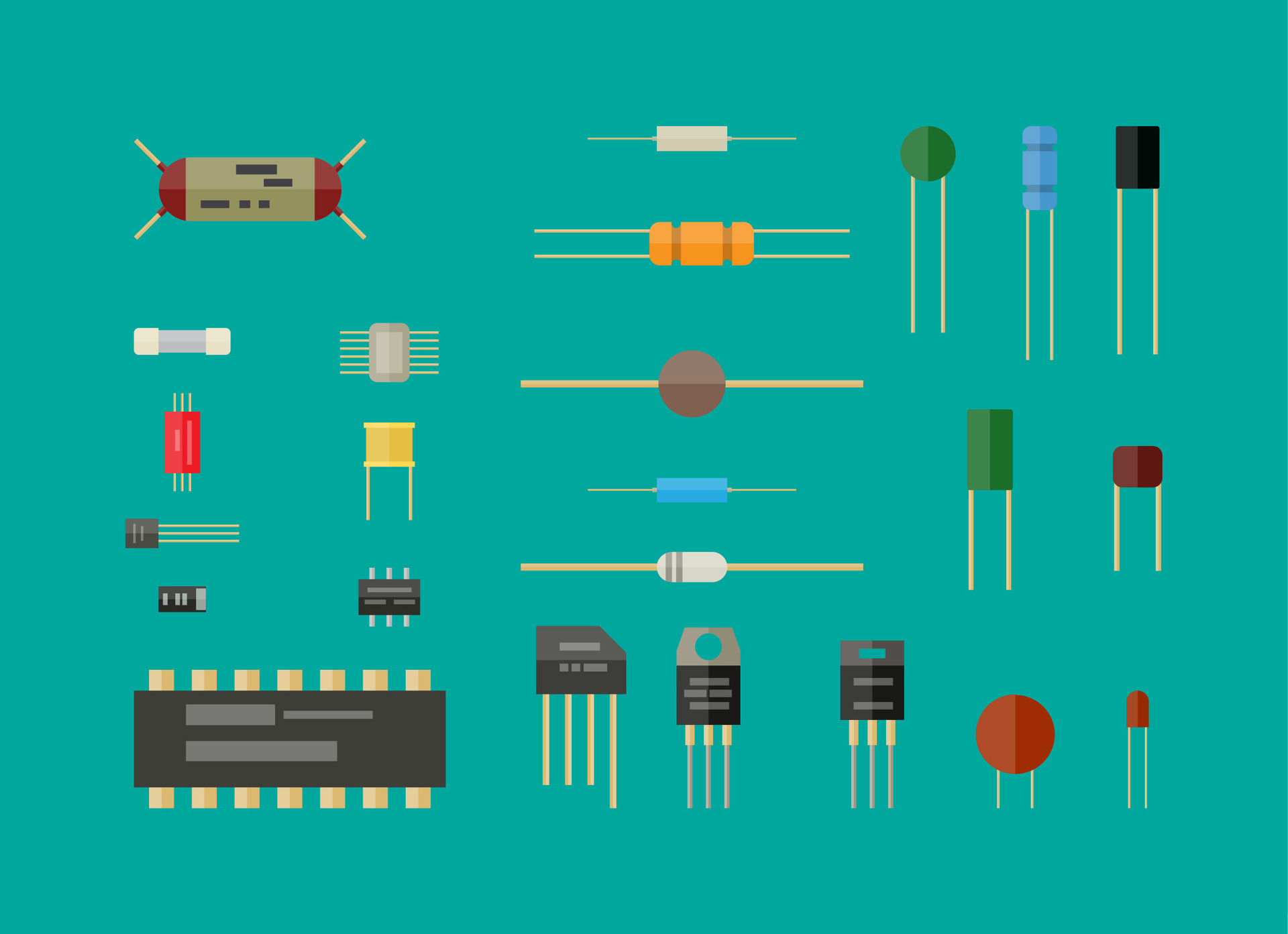 Electronic Components Circuit Set Transistor Resistor Capacitor Led And Chip Vector