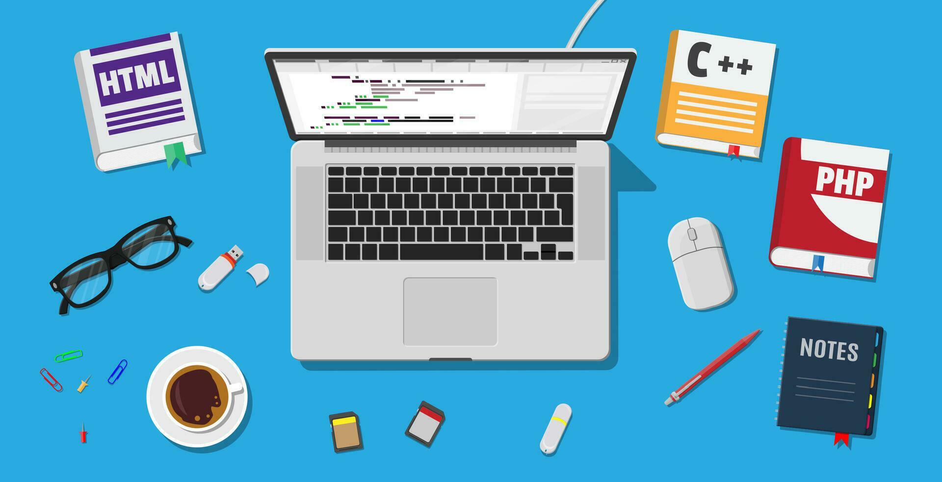 Workplace Of Programmer Or Coder Desktop Pc Laptop Books Coffee