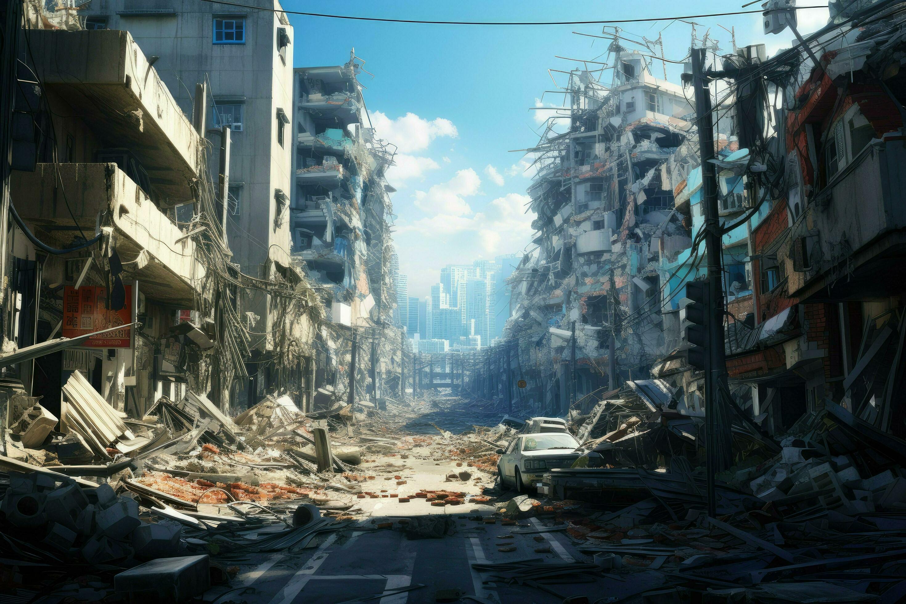 AI generated Destroyed city after earthquake. Dramatic scene of the fuming city and burning ...