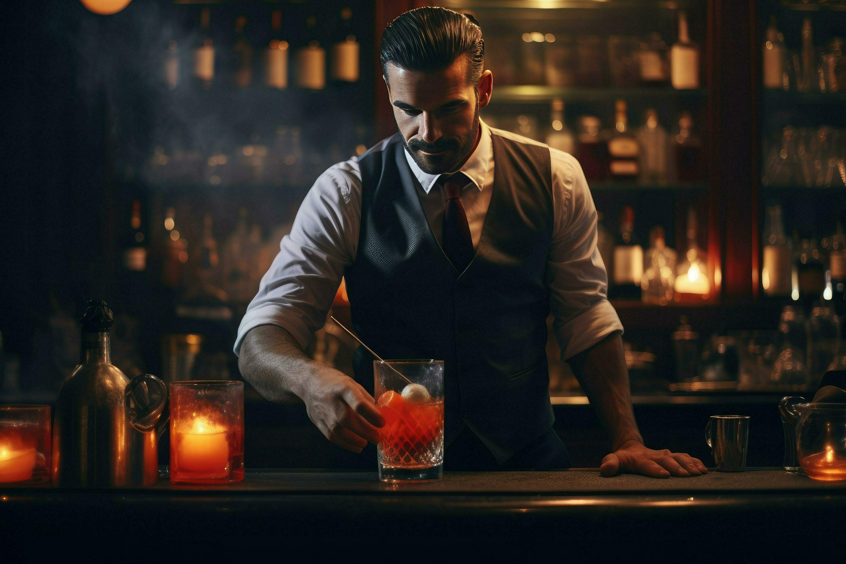 AI generated Bartender is making a cocktail in a nightclub at the bar counter , Expert barman is ...