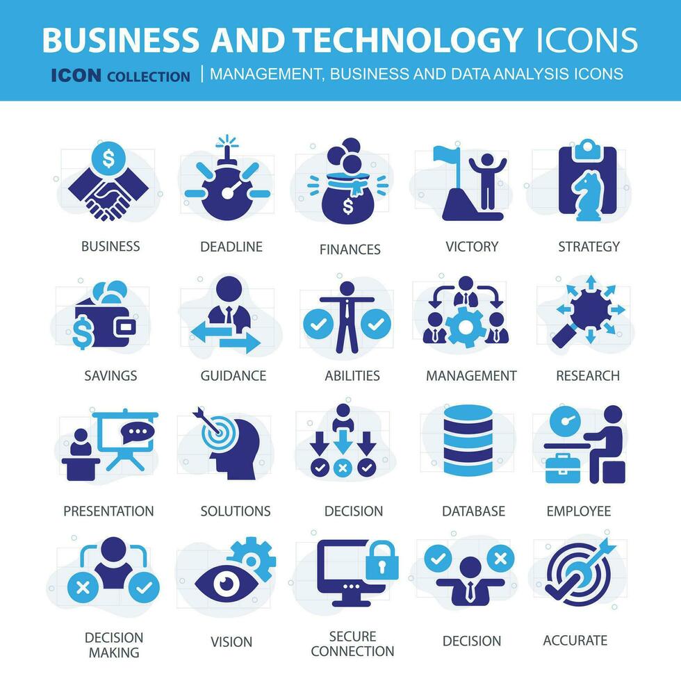 Business, data analysis, organization management and technology icon ...