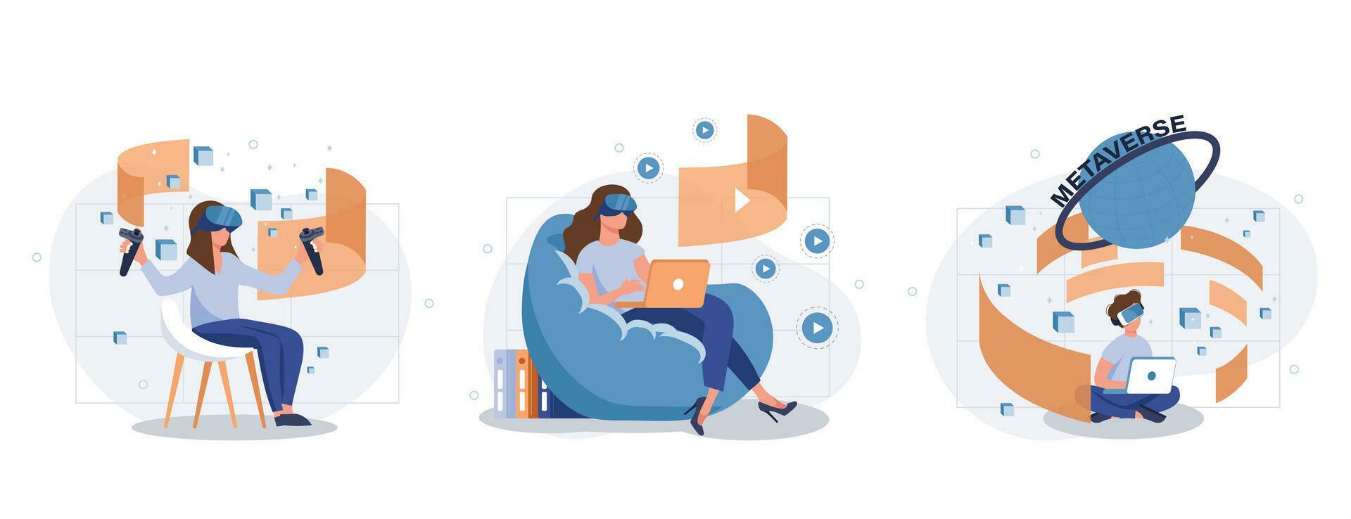 Metaverse web concept with people scenes set in flat style. Bundle of augmented virtual reality ...