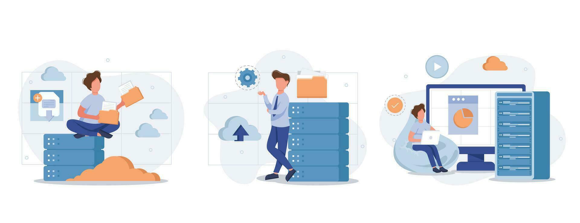 Big Data And Cloud Computing Illustration Set Business Characters Using Remote Servers To