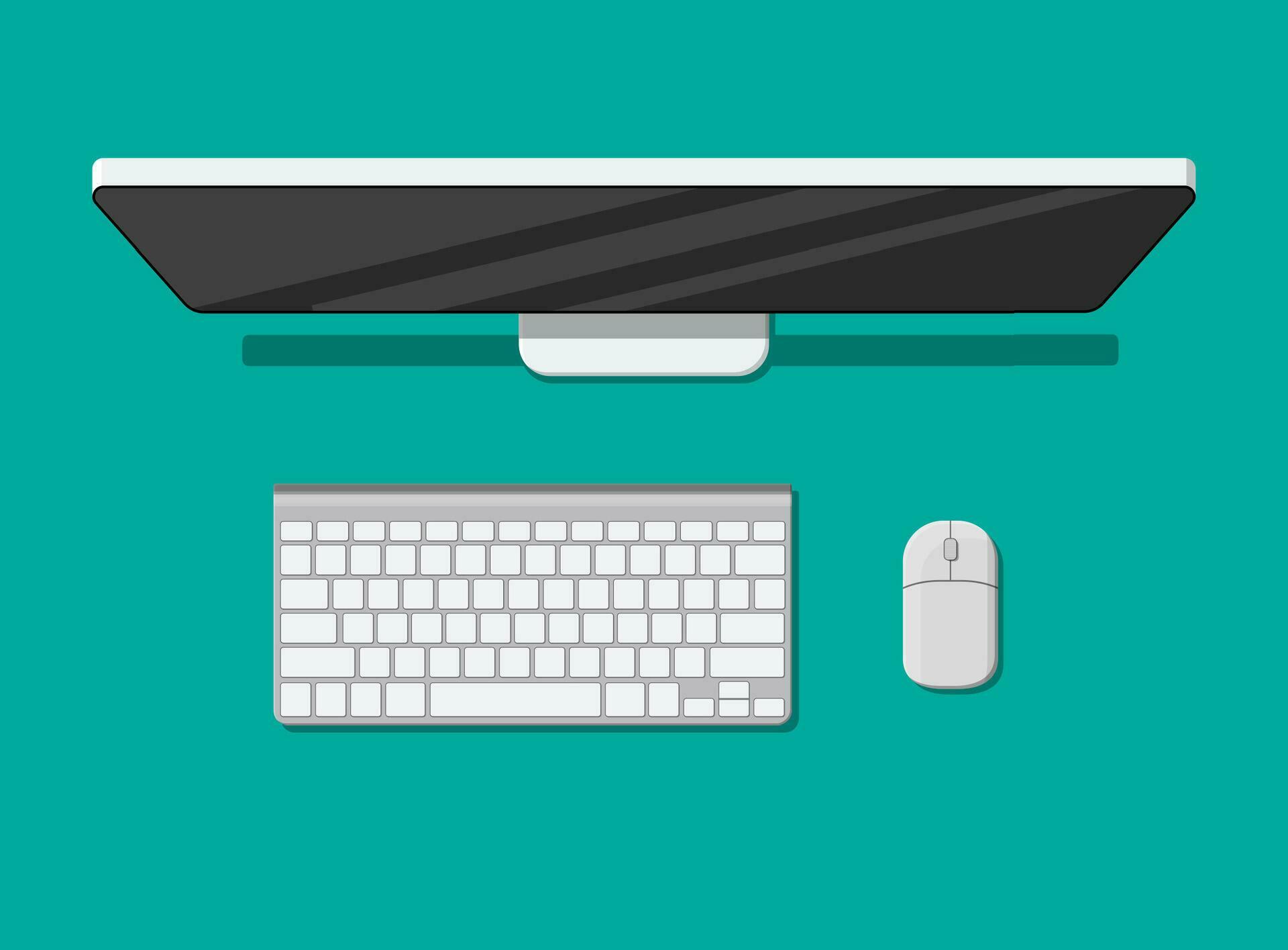 PC top view. Modern desktop computer with keyboard and mouse. Personal ...