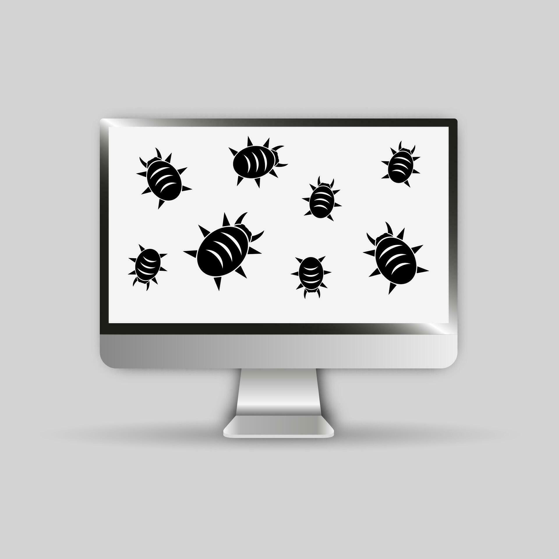 Computer and black virus bugs on screen, desktop pc is infected by ...