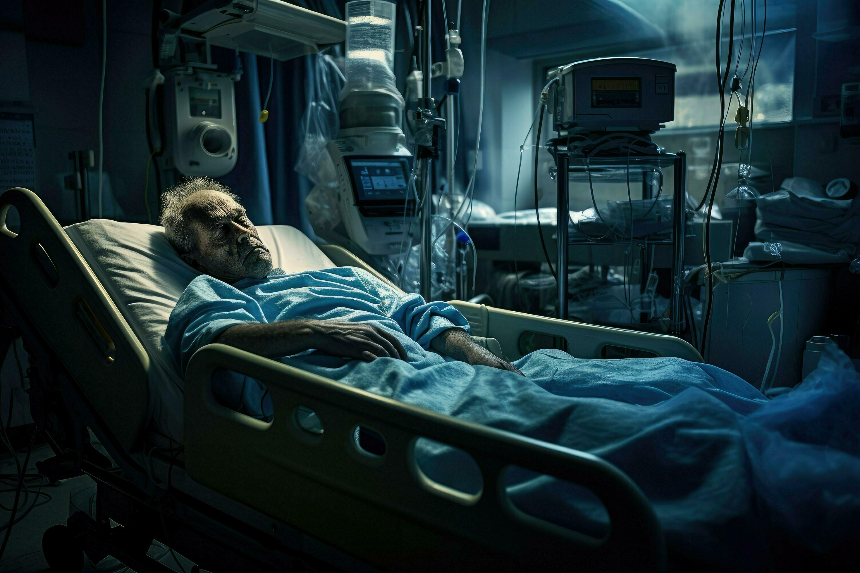 AI generated Patient with life saving equipment for treatment in ICU at the hospital, emergency ...