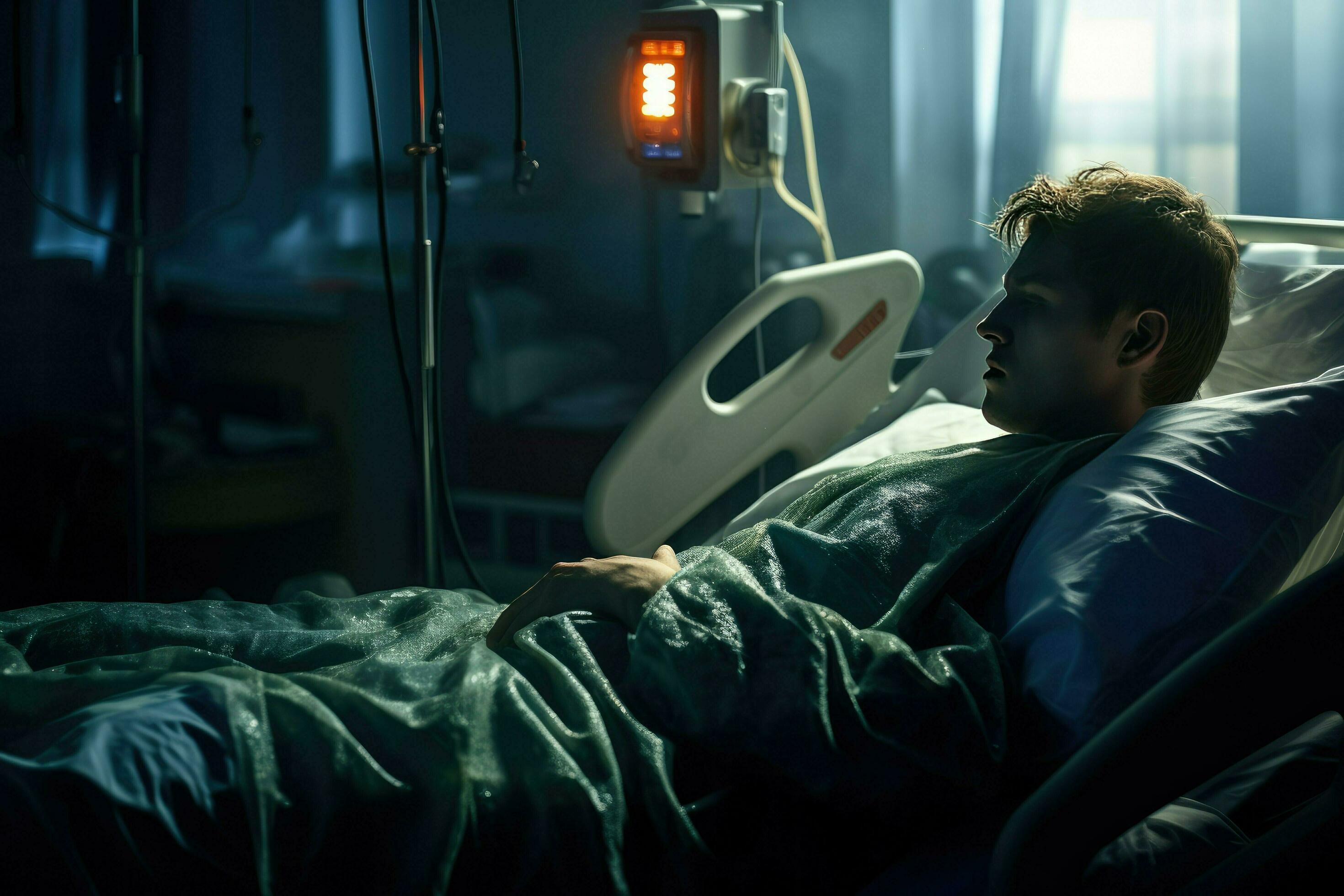 AI generated Patient with life saving equipment for treatment in ICU at the hospital, emergency ...