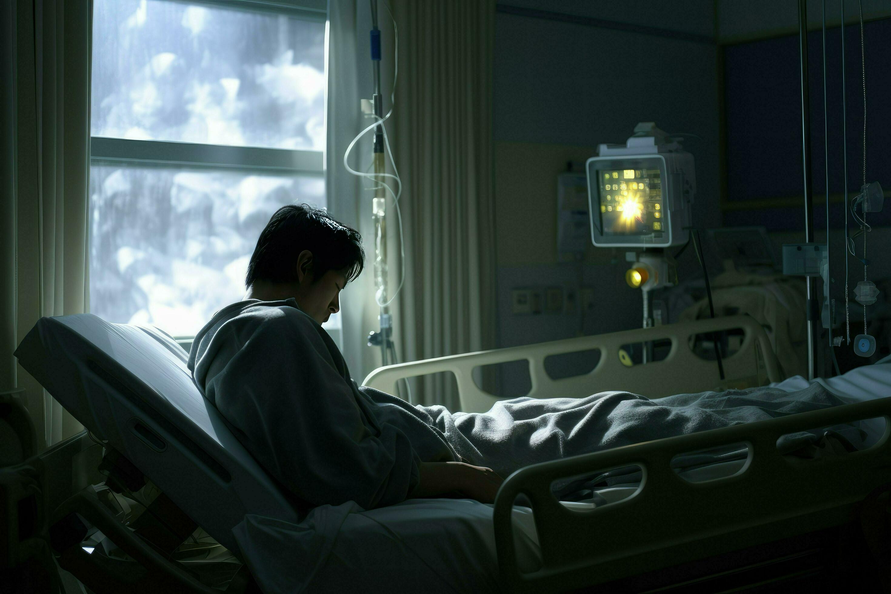 AI generated Patient with life saving equipment for treatment in ICU at the hospital, emergency ...