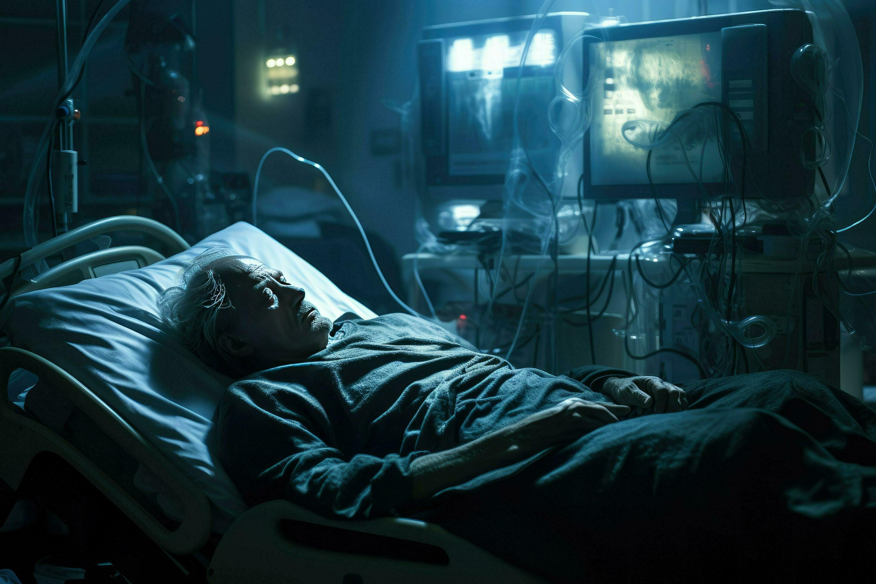 AI generated Patient with life saving equipment for treatment in ICU at the hospital, emergency ...
