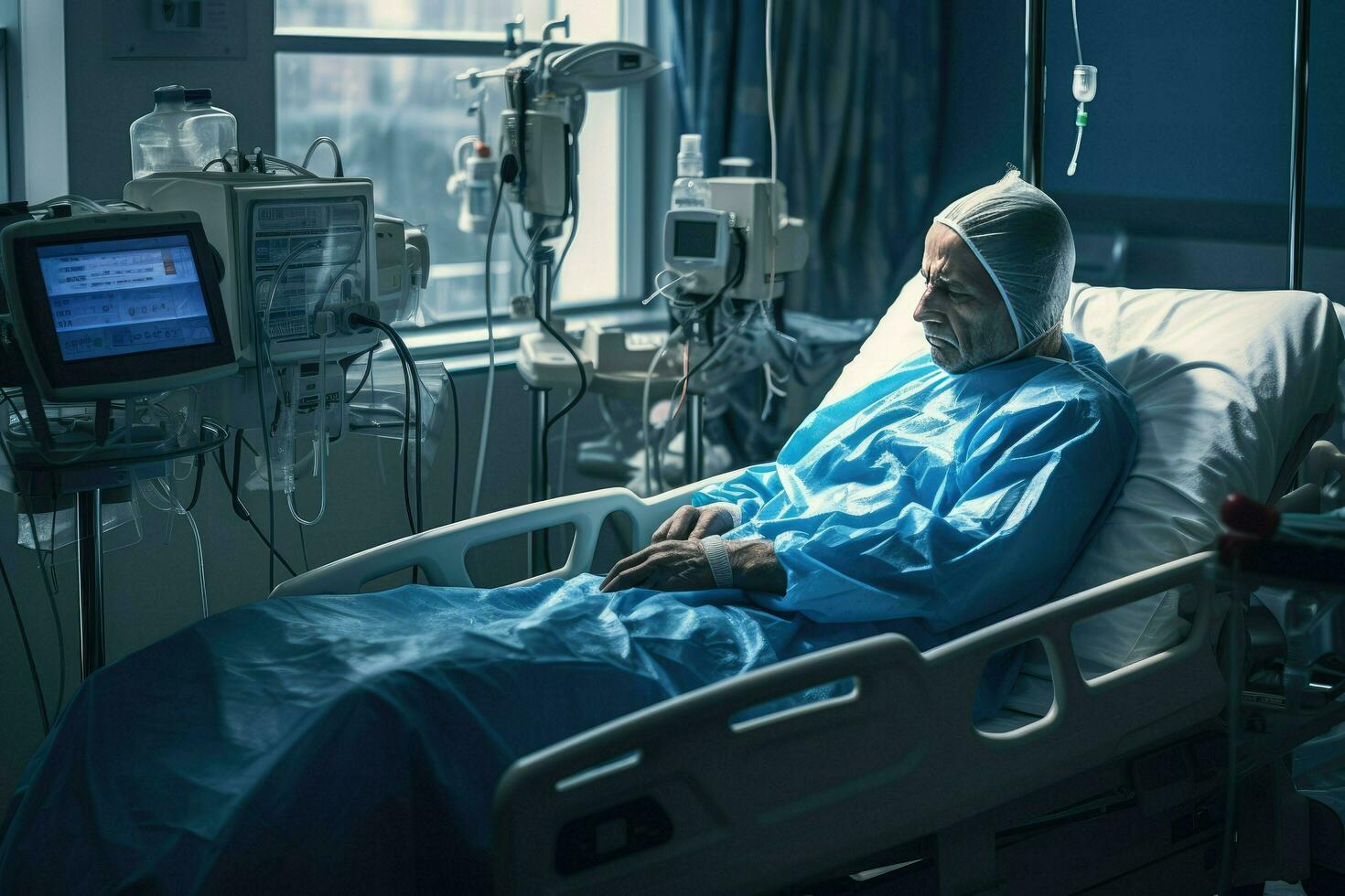 AI generated Patient with life saving equipment for treatment in ICU at the hospital, emergency ...