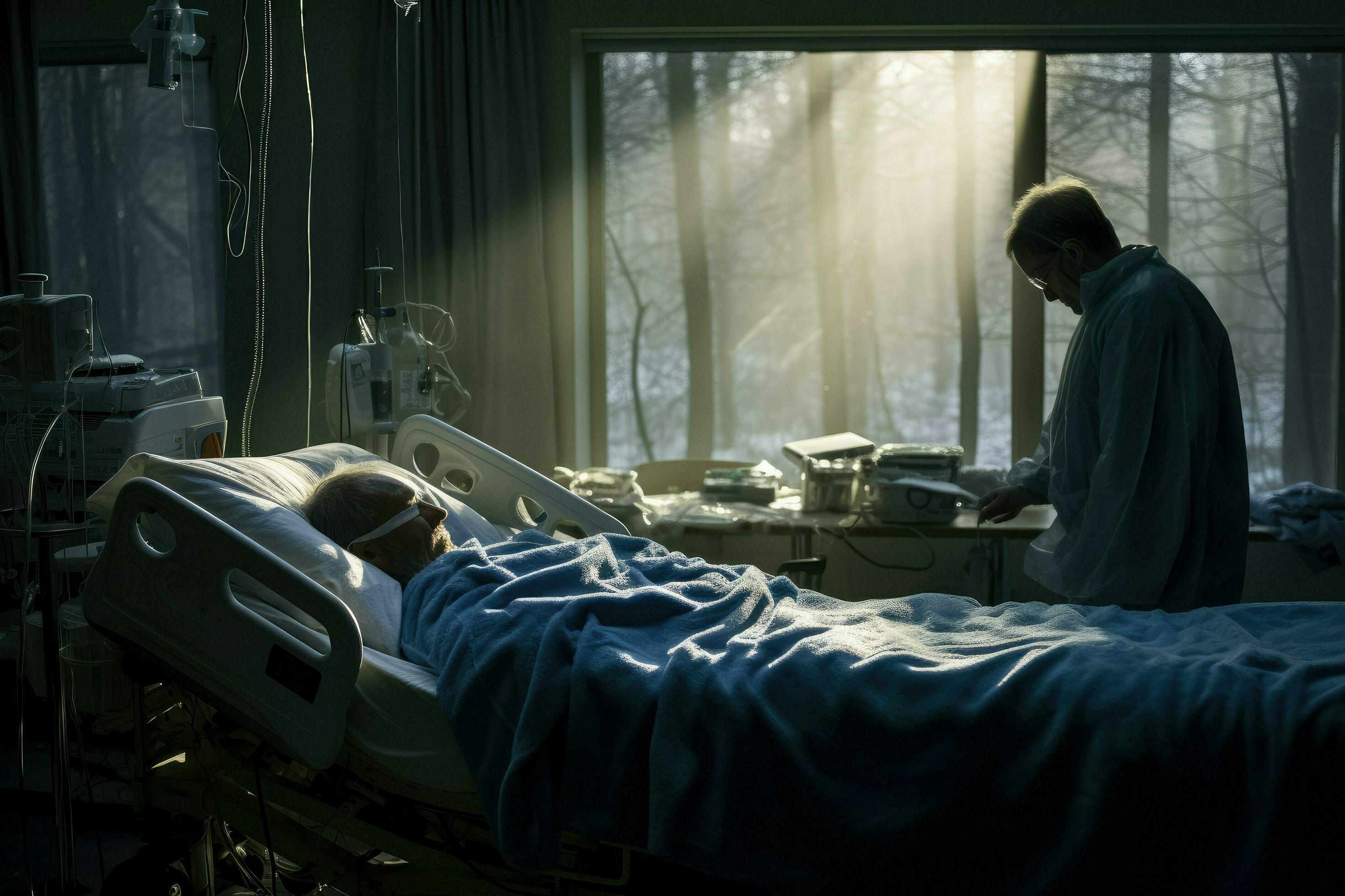 AI generated Patient with life saving equipment for treatment in ICU at the hospital, emergency ...