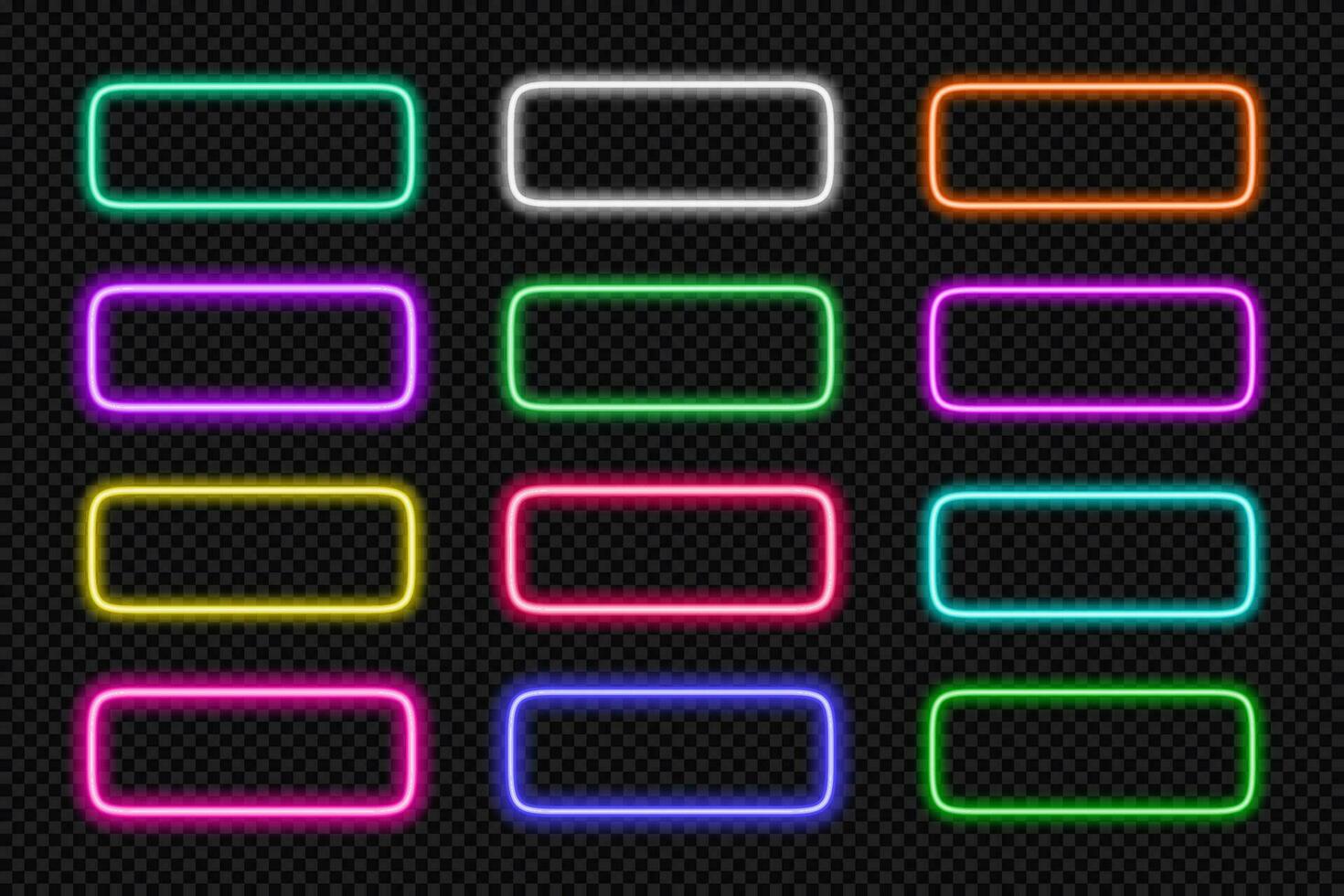 Neon frame button rectangle set. Glowing colorful rectangular border. Geometric shape action UI ...
