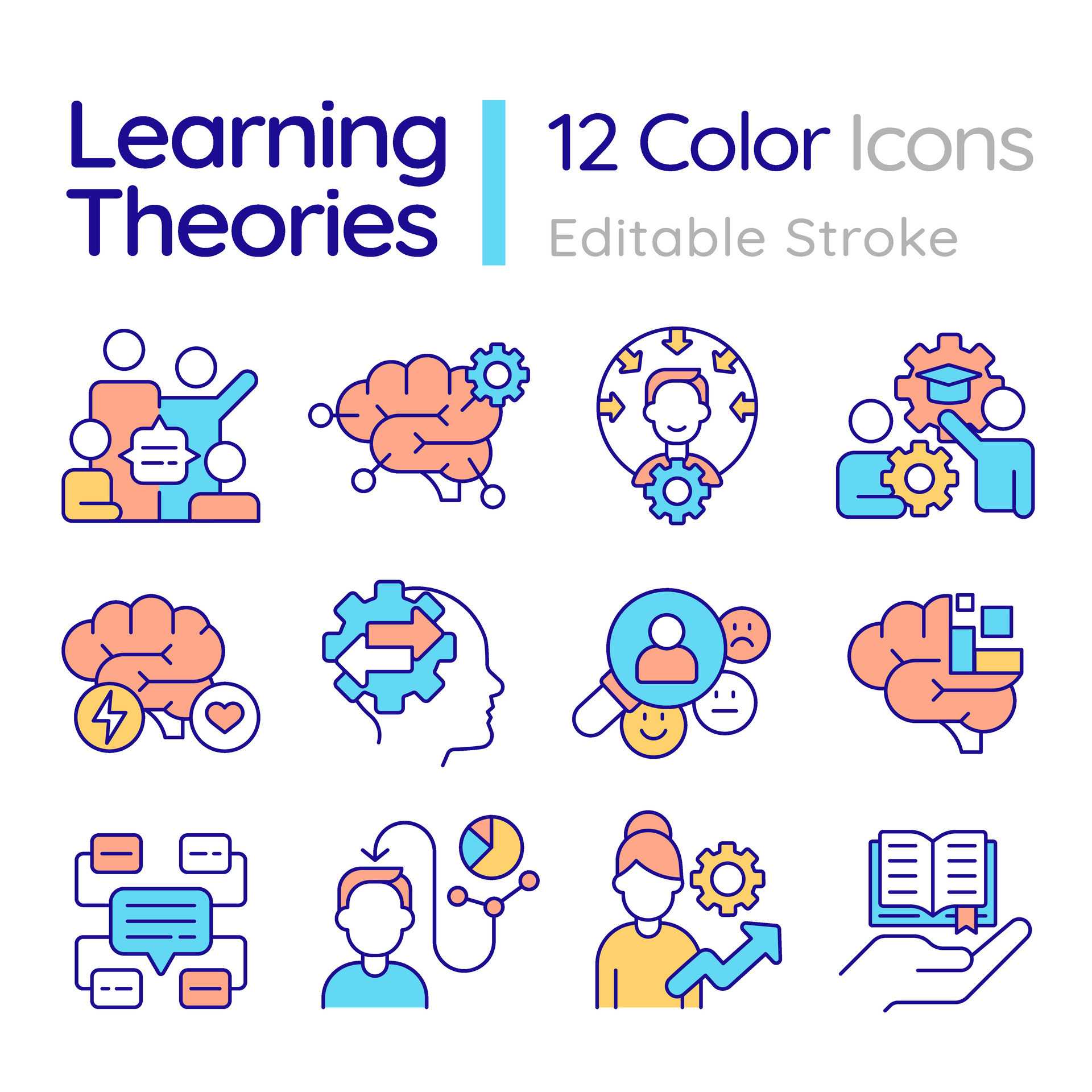 2d Editable Colorful Thin Line Icons Set Representing Learning Theories