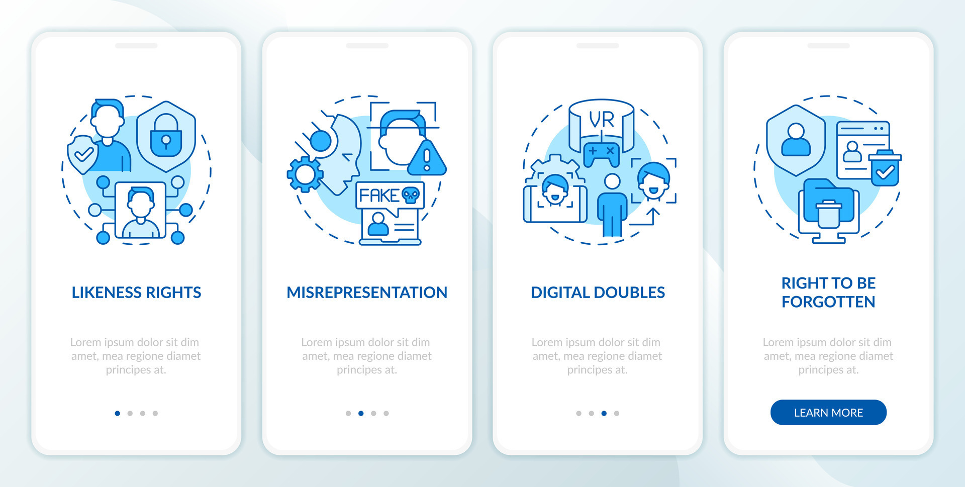 2D icons representing cyber law mobile app screen set. Walkthrough 4 ...