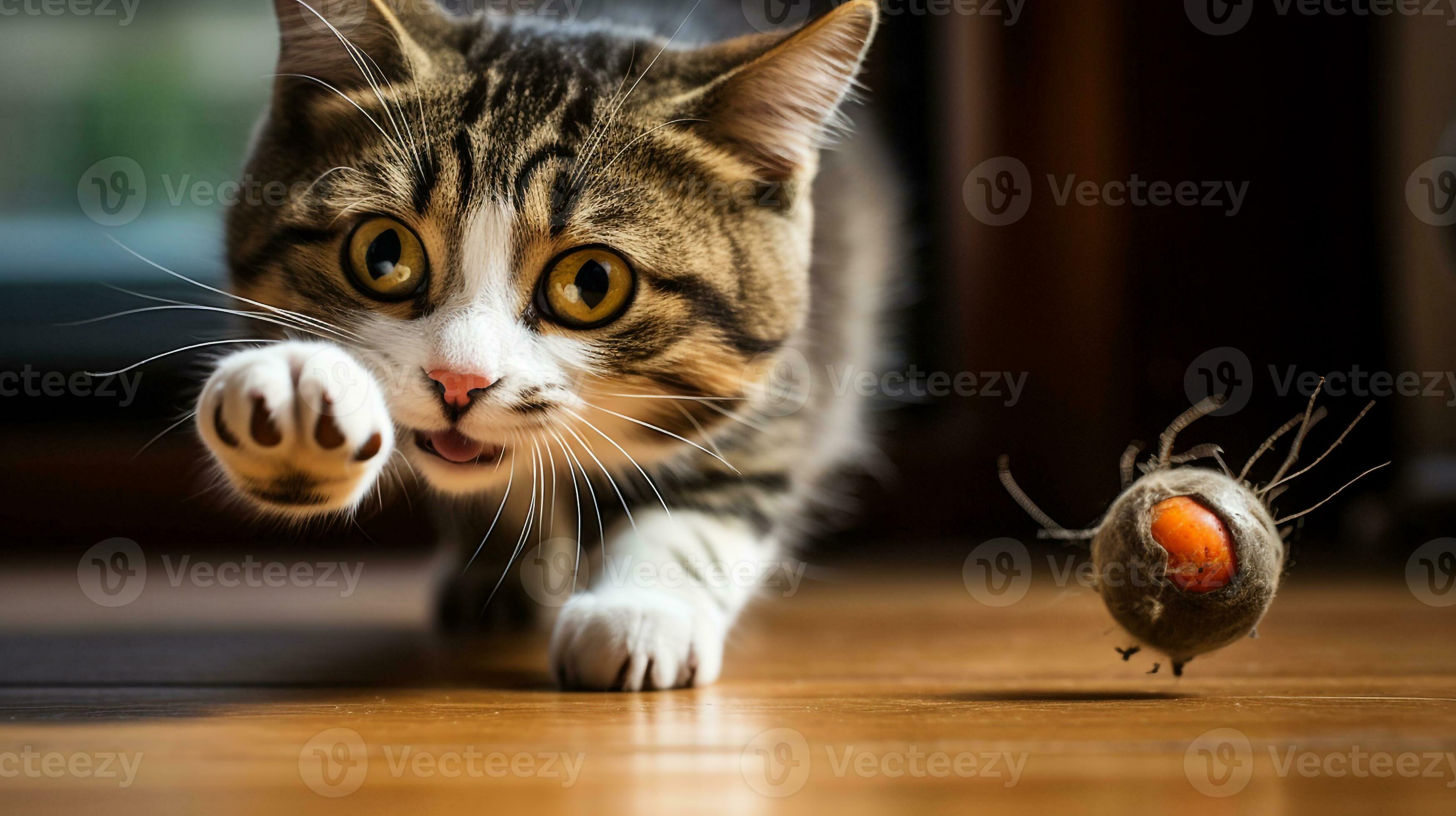 AI generated Photo of a cat batting at a toy mouse in a playful ...