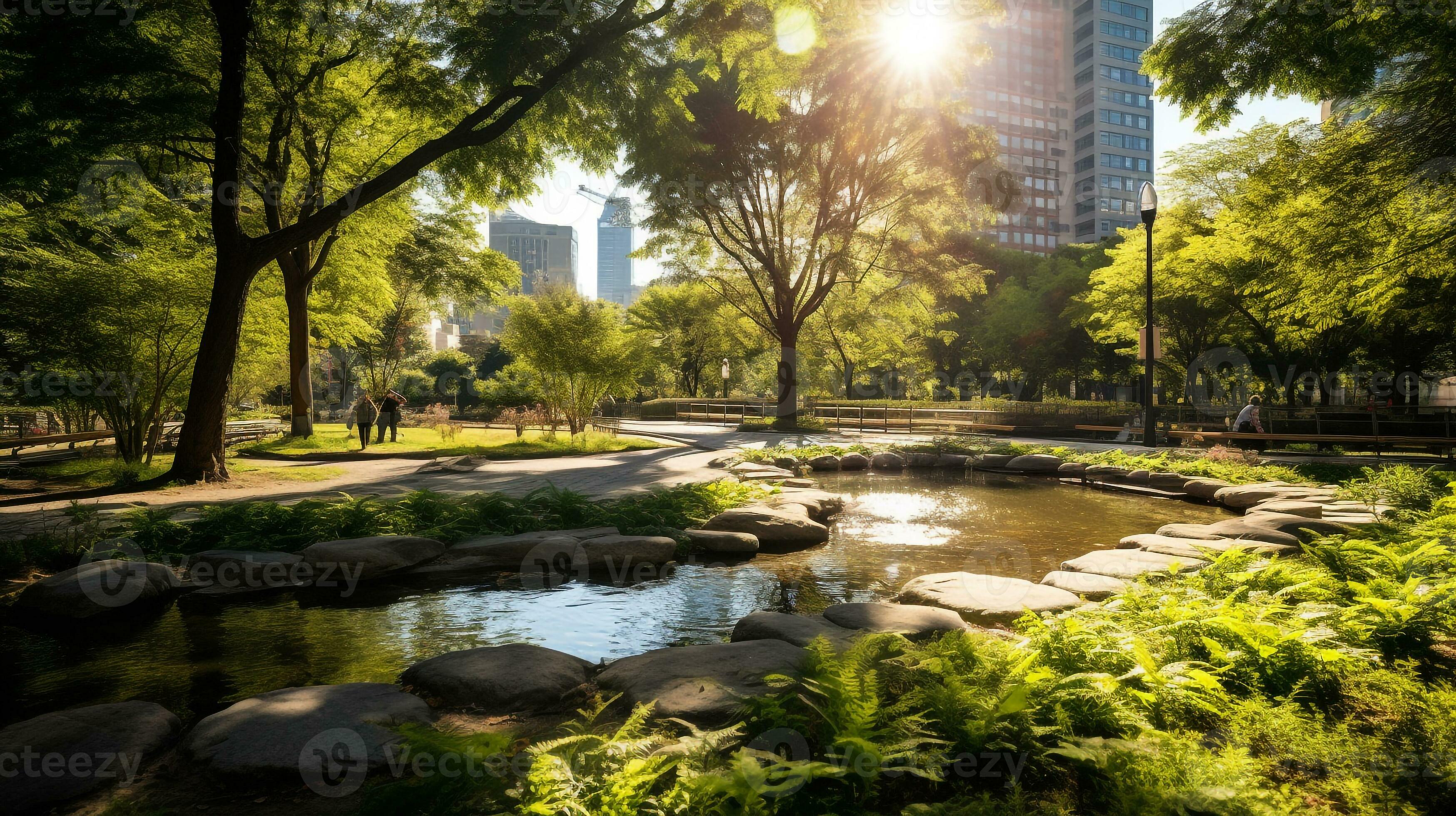 AI generated A photo of an urban park oasis with clean air, greenery ...