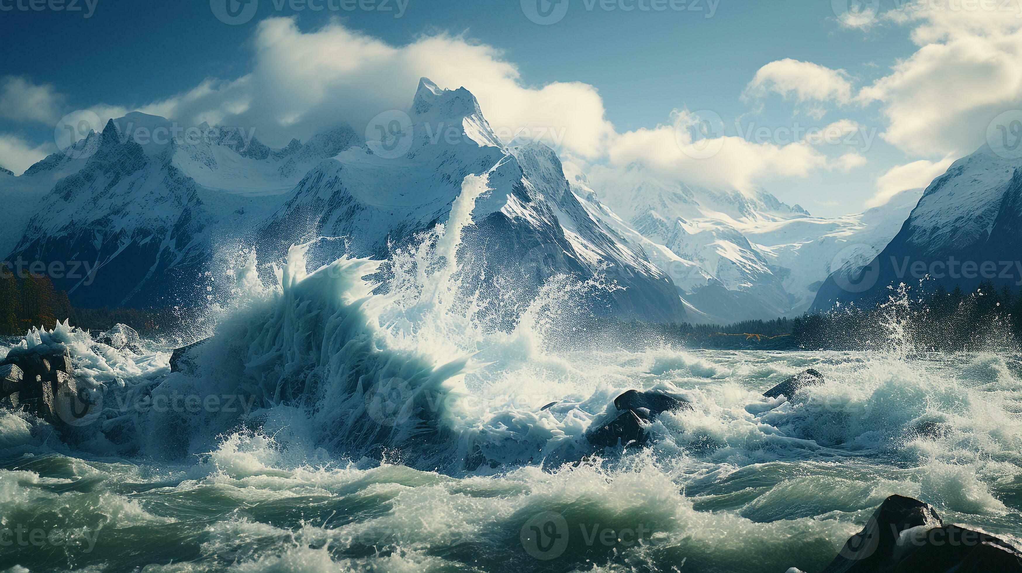 AI generated a photo of a glacier calving into the ocean, showcasing the immense scale of the ...