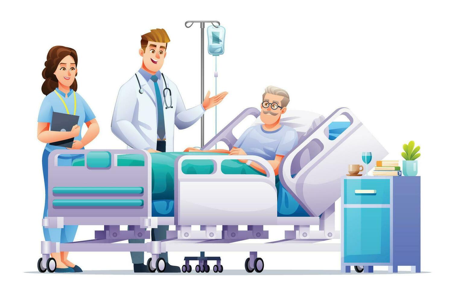Doctor and nurse visit a senior man lying on hospital bed. Patient ...